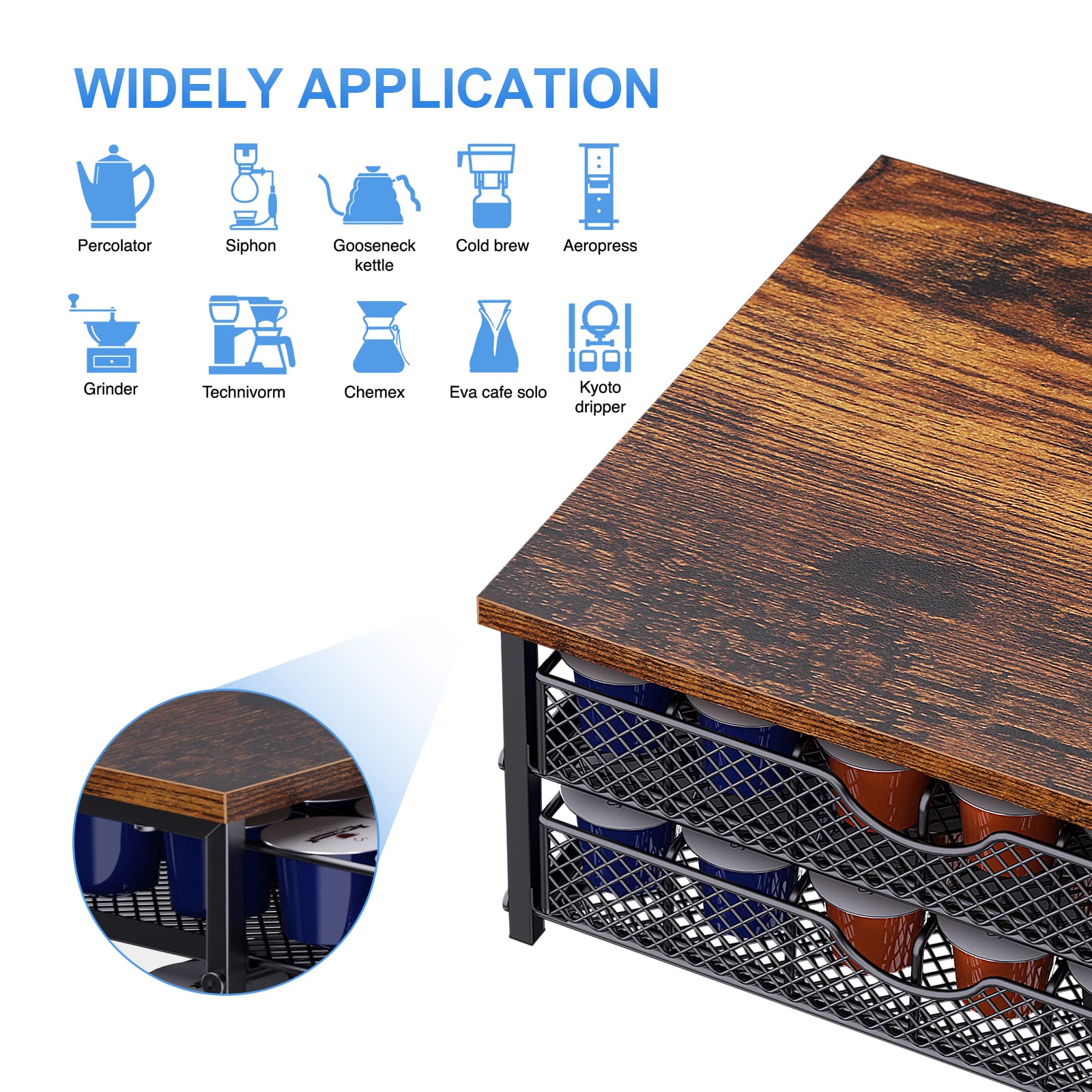 2-Tier Coffee Pod Drawer Holder Organiser, Wooden Finish for 72 Capacity K Pod, Coffee Machine Stand Container Storage Sliding Mesh Baskets Compatible for Home Office Kitchen Cafe Counter, Black