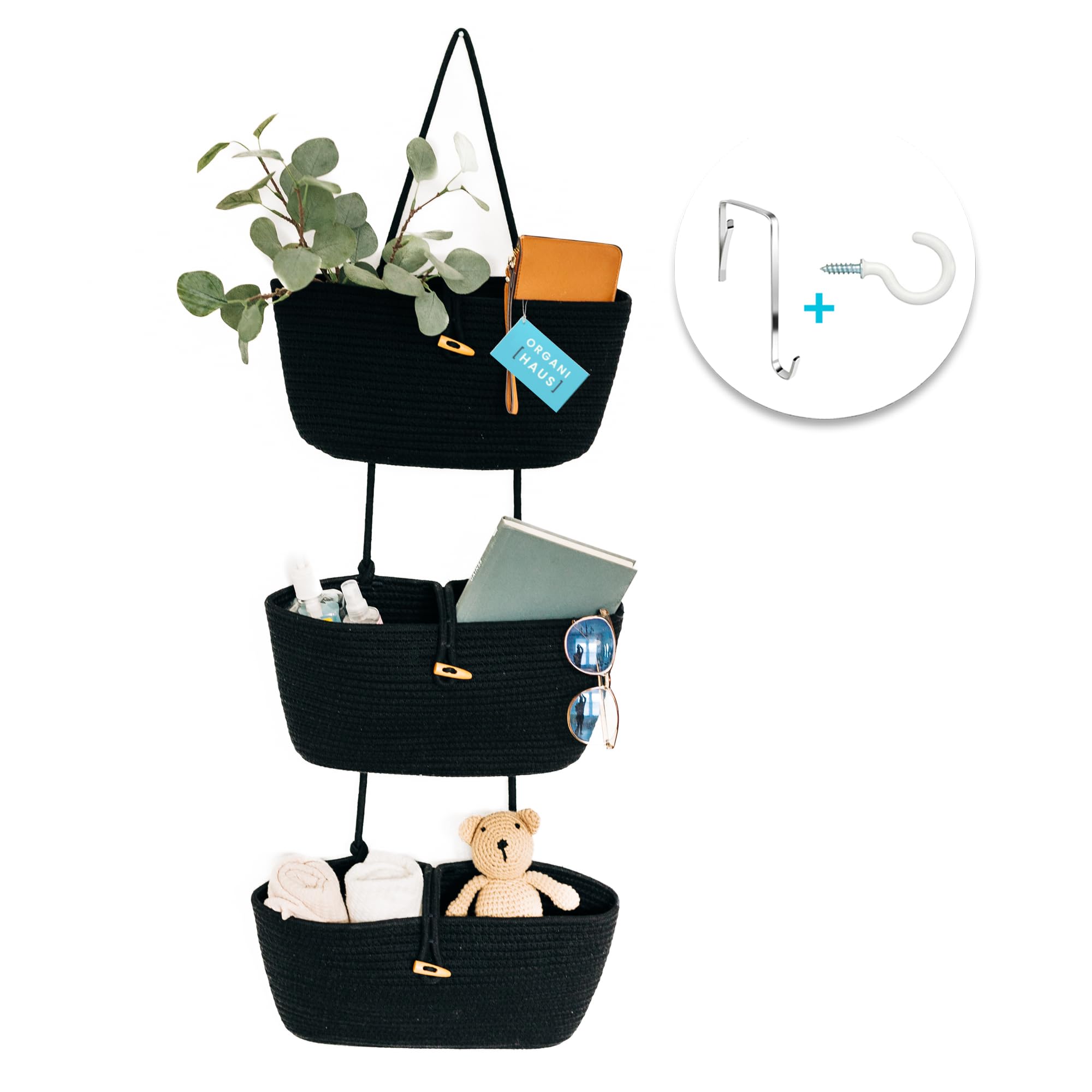 OrganiHaus Black Hanging Wall Baskets for Storage | Hanging Baskets for Bathroom Organizing | Behind Door Storage | Over The Door Basket | Nursery Storage Basket | Wall Hanging Basket for Organizing