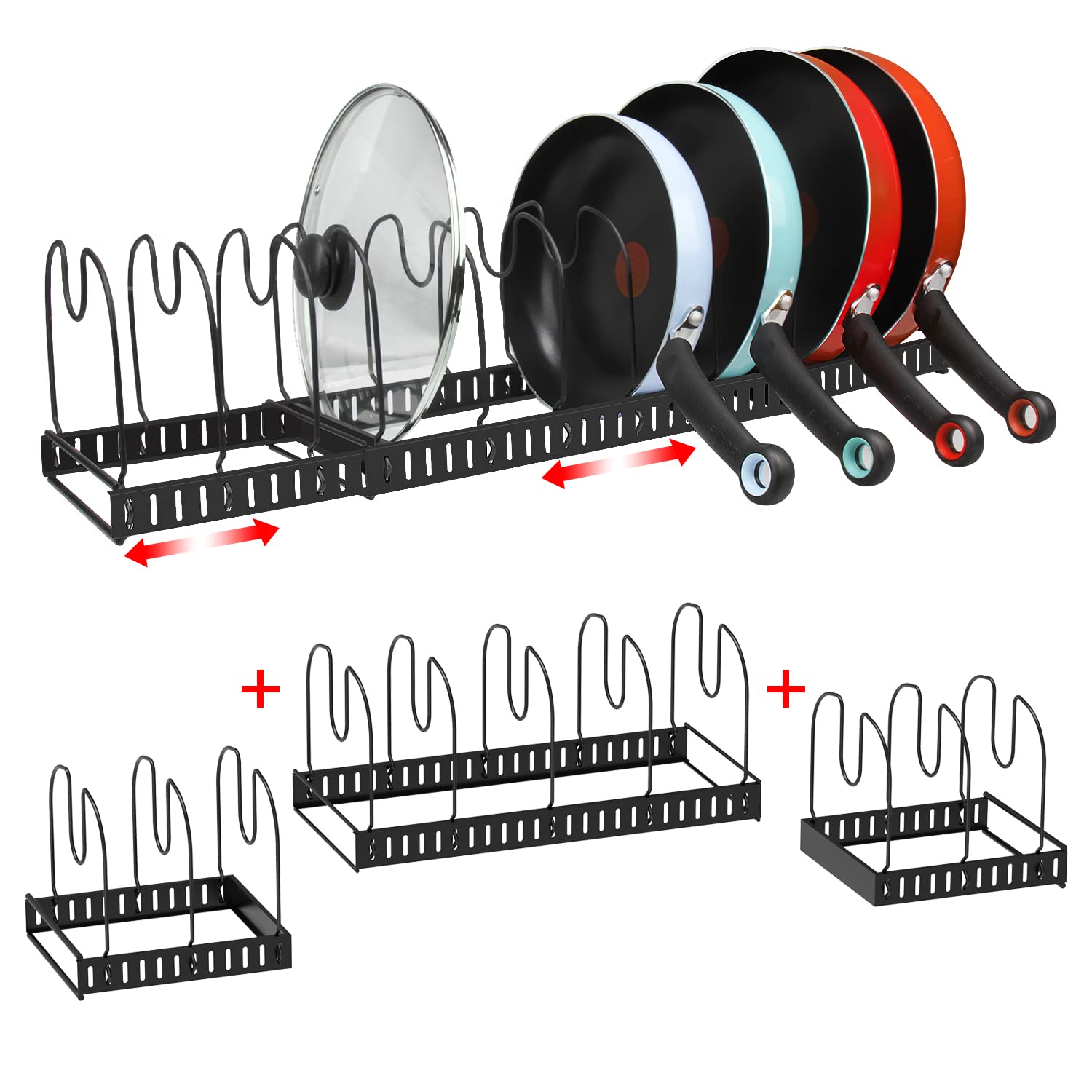 X-cosrack 11 Dividers Pot Pan Lid Rack Bakeware Cupboard Organizer, Expandable, Patent Pending. Black