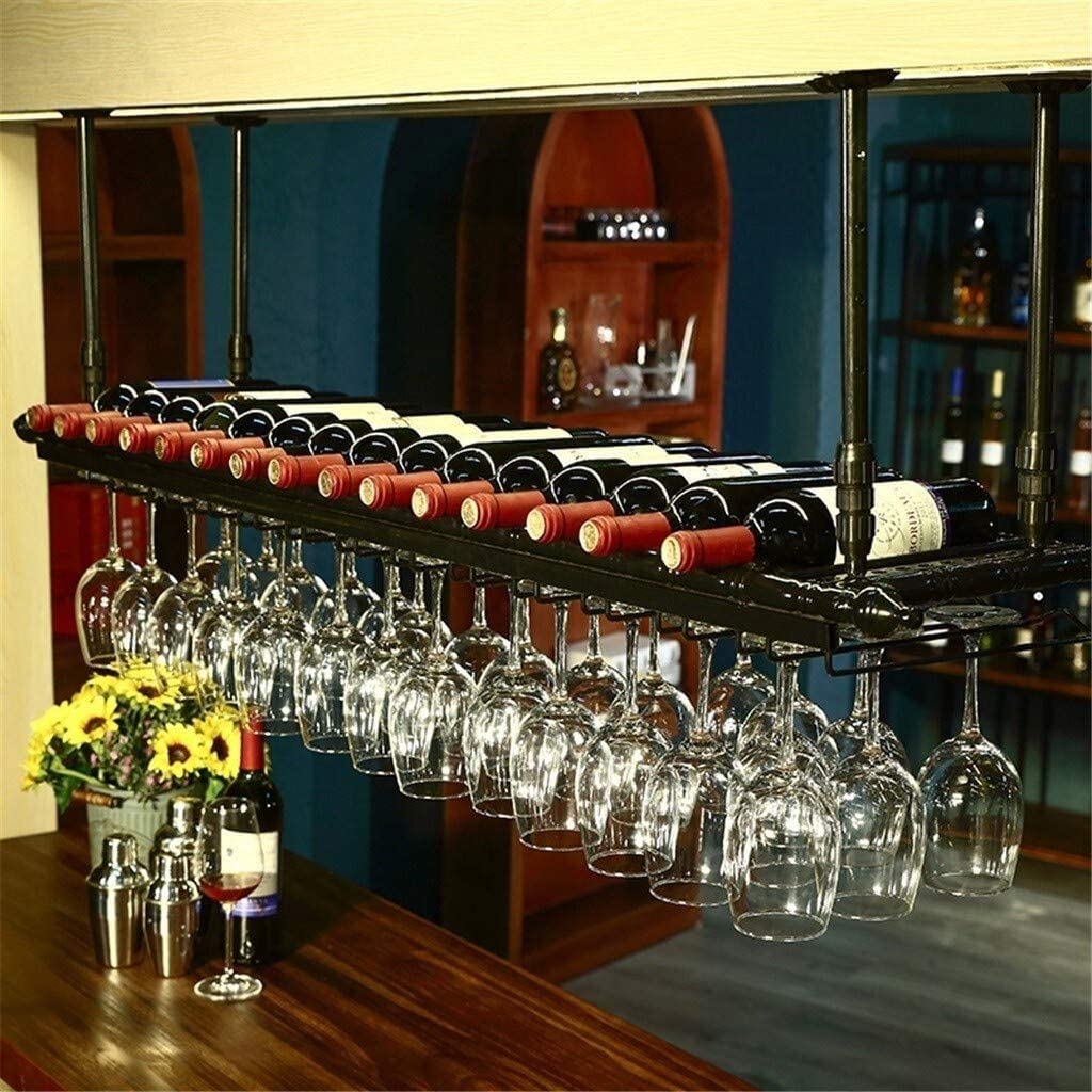 Hanging Wine Rack with Glass Holder and Shelf,Adjustable Metal Ceiling Bar Wine Glass Rack,2 in 1Industrial Wall Mounted Wine and Glass Rack,47.3” Bottle Holder Wine Shelf