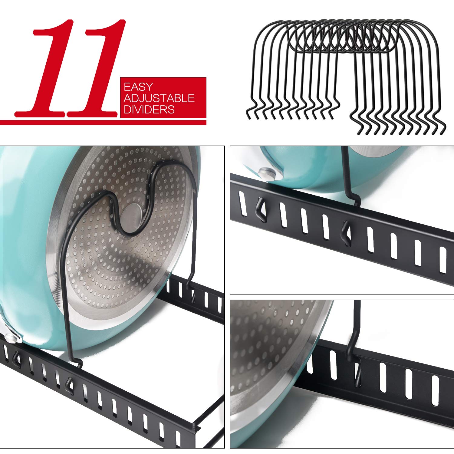 X-cosrack 11 Dividers Pot Pan Lid Rack Bakeware Cupboard Organizer, Expandable, Patent Pending. Black
