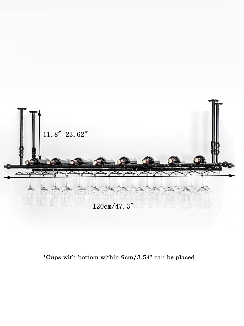 Hanging Wine Rack with Glass Holder and Shelf,Adjustable Metal Ceiling Bar Wine Glass Rack,2 in 1Industrial Wall Mounted Wine and Glass Rack,47.3” Bottle Holder Wine Shelf