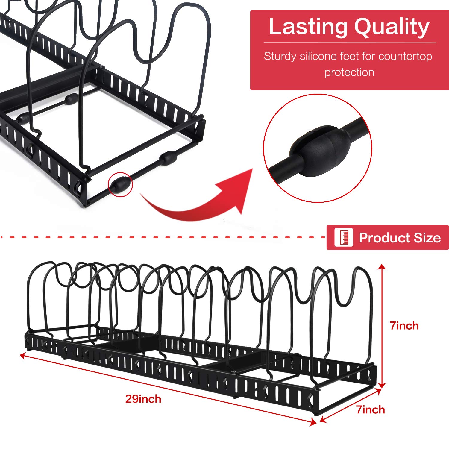 X-cosrack 11 Dividers Pot Pan Lid Rack Bakeware Cupboard Organizer, Expandable, Patent Pending. Black
