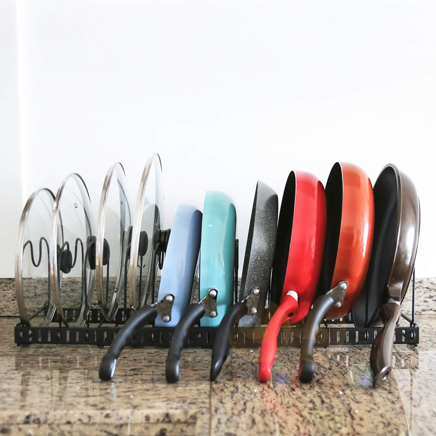 X-cosrack 11 Dividers Pot Pan Lid Rack Bakeware Cupboard Organizer, Expandable, Patent Pending. Black