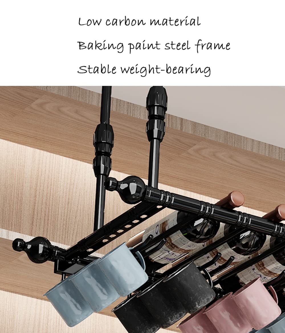 Hanging Wine Rack with Glass Holder and Shelf,Adjustable Metal Ceiling Bar Wine Glass Rack,2 in 1Industrial Wall Mounted Wine and Glass Rack,47.3” Bottle Holder Wine Shelf