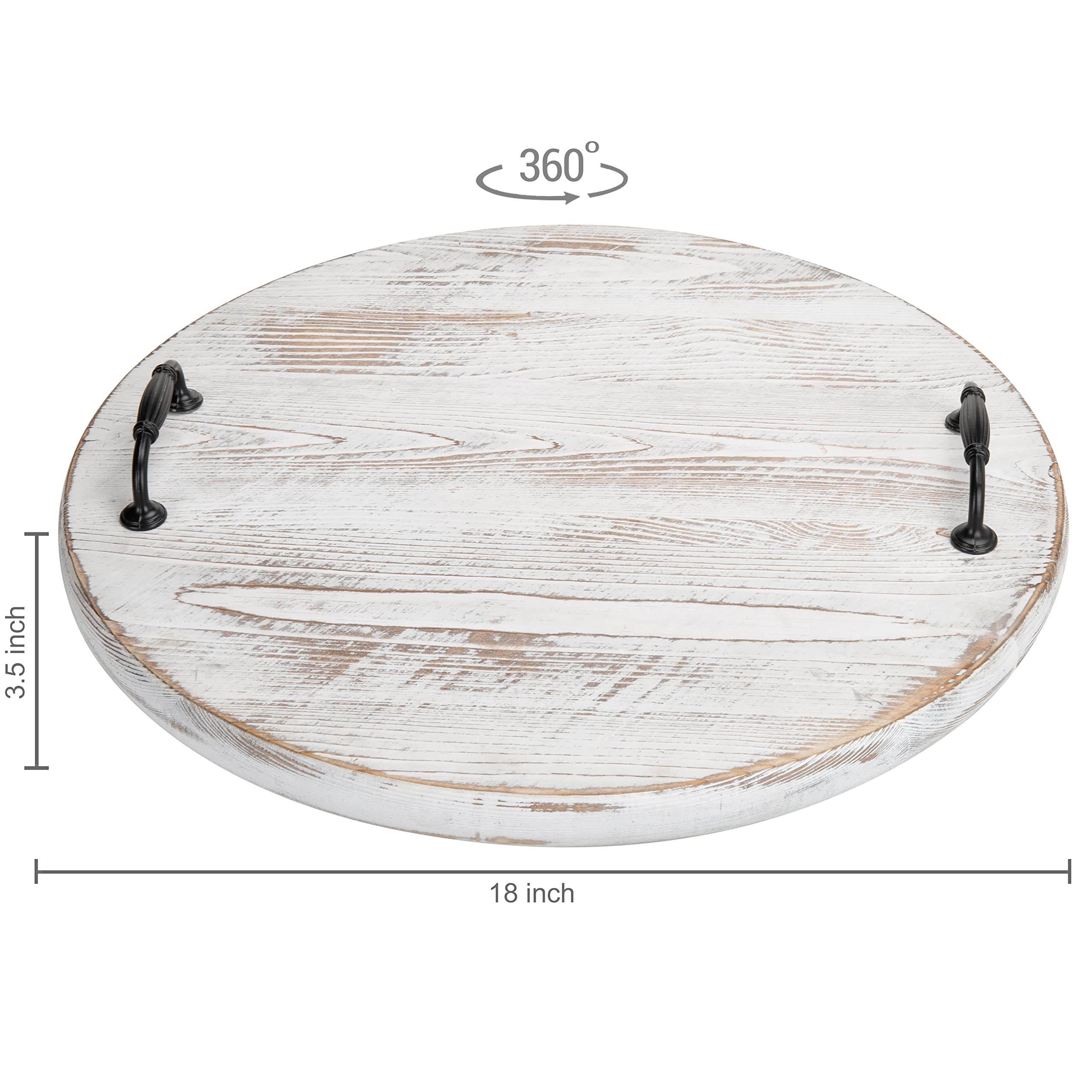 MyGift 18-Inch Whitewashed Wood Turntable with Metal Handles - Lazy Susan Kitchen Serving Spinning Tray