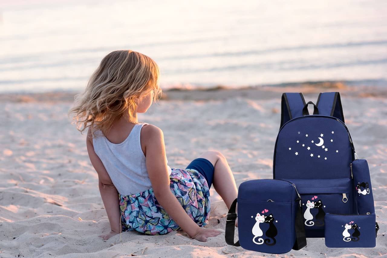 4Pcs Cute Cat Prints Canvas Primary School Bag Rucksack Backpack Set for Girls Elementary Bookbag