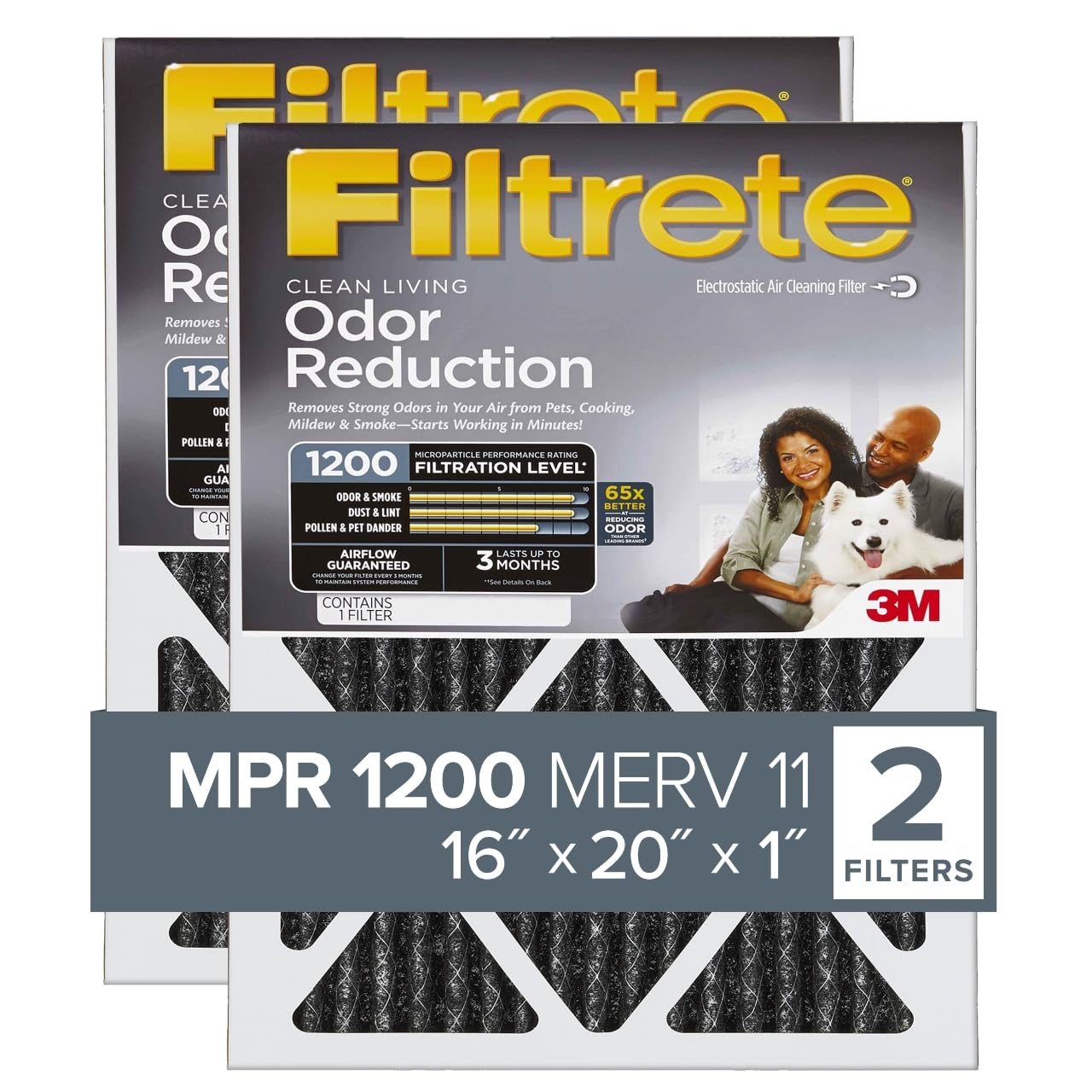 Filtrete 20x25x1, AC Furnace Air Filter, MPR 1200, Allergen Defense Odor Reduction, 2-Pack (exact dimensions 19.688 x 24.688 x 0.84)
