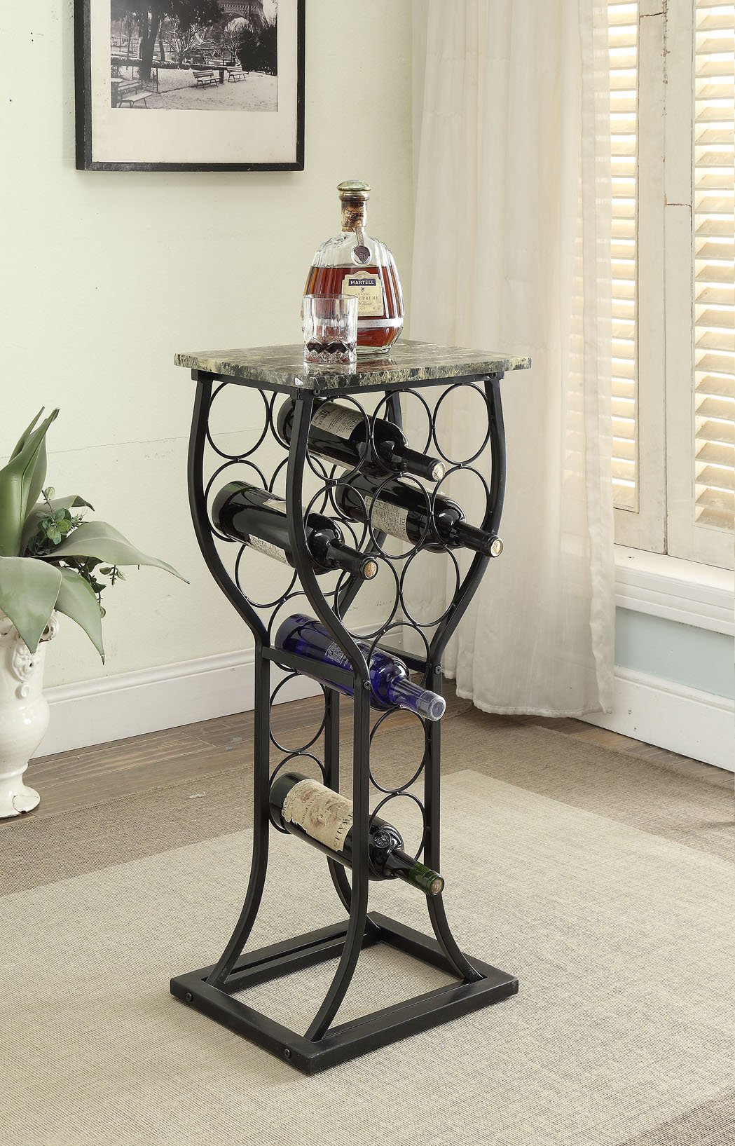 RAAMZO Black Finish and Marble Look Top with 11 Bottle Holder Wine Organizer Rack Kitchen