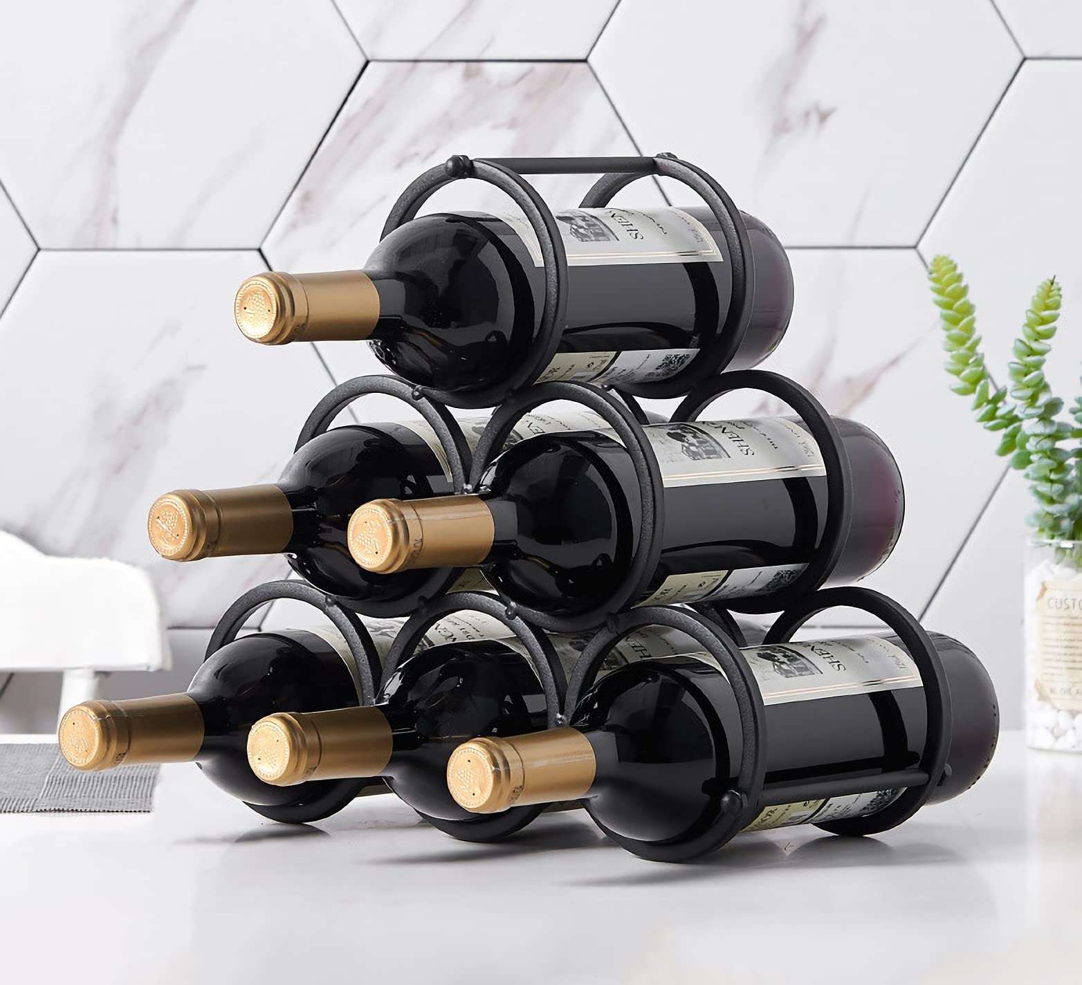 Black Modern Wire Rustic Counter Wine Rack Countertop Table,Metal Wine Rack Inserts for Cabinet Rustic 6 Bottles Wine Storage Holder