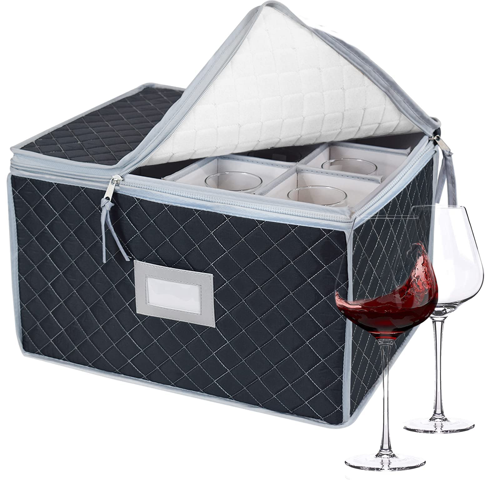 VERONLY 2 Pack Stemware Storage Box China Storage Case - Holds 24 Wine Glasses or Crystal Glassware Containers with Lable Window,Fully-Padded Inside with Hard Sides(15.5" x 12.5"x 10")
