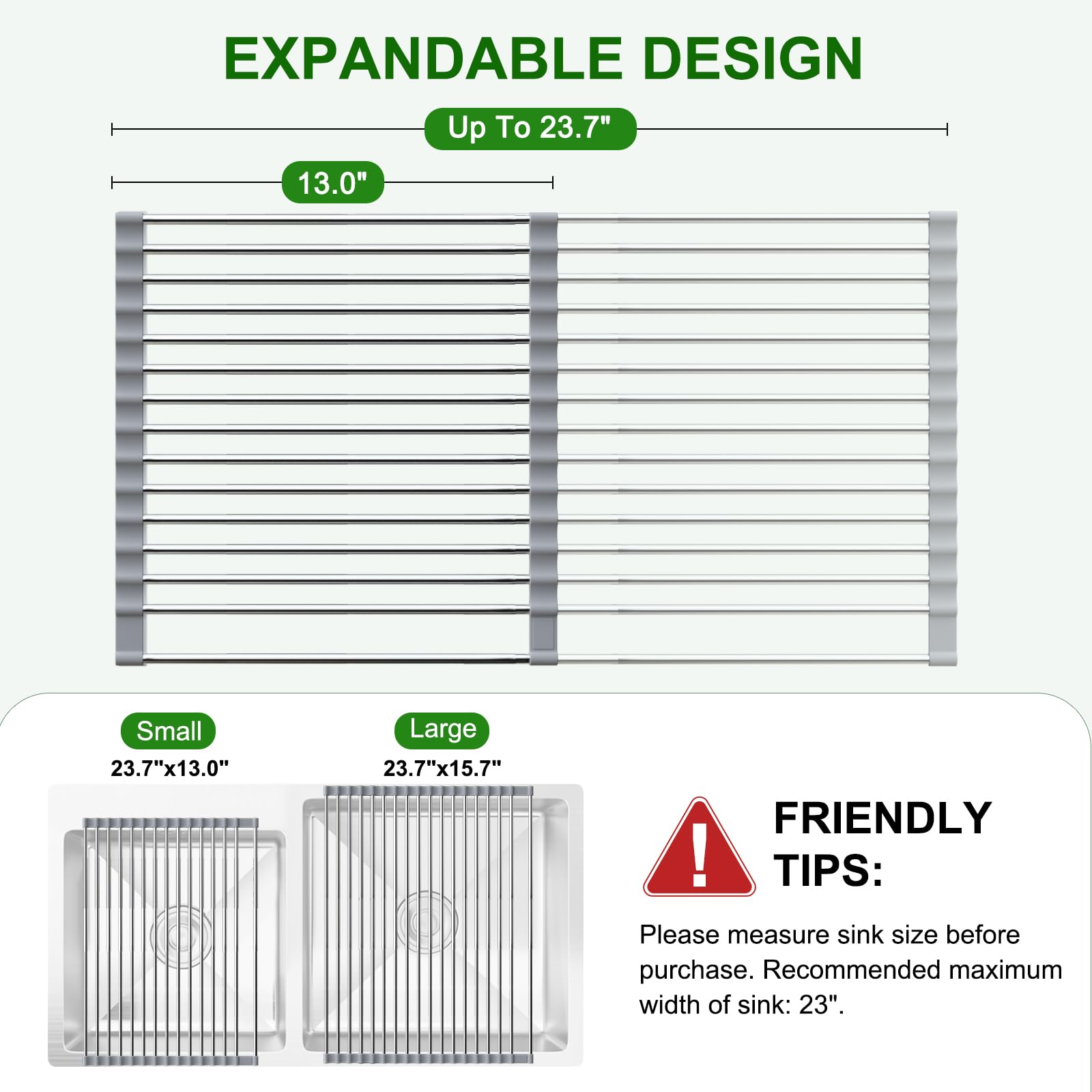 Sindax Roll Up Dish Drying Rack, 23ββx13'' Stretchable Stainless Steel Over The Sink Dish Rack Multifunctional Foldable Over Sink Rack with Utensil Holder for Kitchen