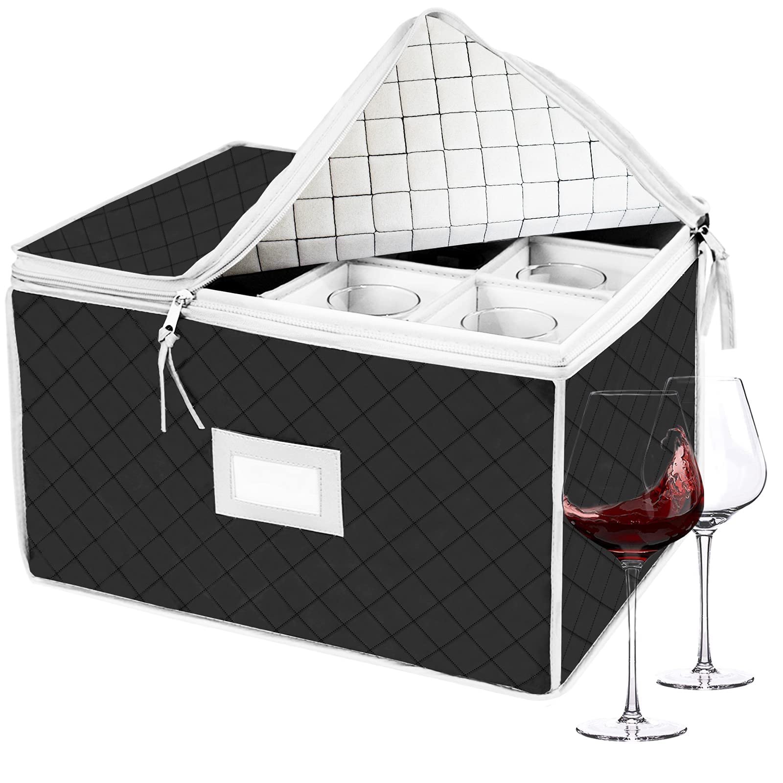 VERONLY 2 Pack Stemware Storage Box China Storage Case - Holds 24 Wine Glasses or Crystal Glassware Containers with Lable Window,Fully-Padded Inside with Hard Sides(15.5" x 12.5"x 10")