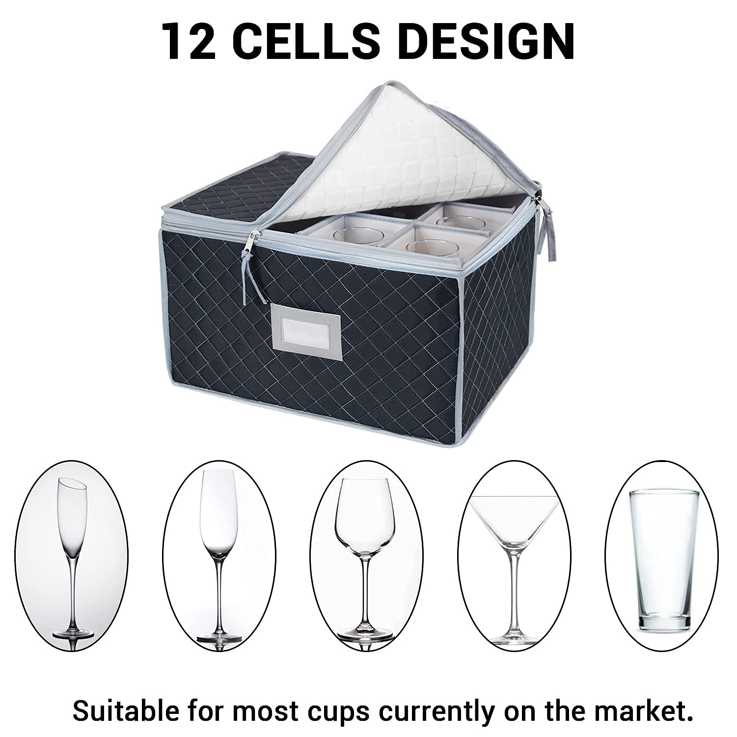 VERONLY 2 Pack Stemware Storage Box China Storage Case - Holds 24 Wine Glasses or Crystal Glassware Containers with Lable Window,Fully-Padded Inside with Hard Sides(15.5" x 12.5"x 10")