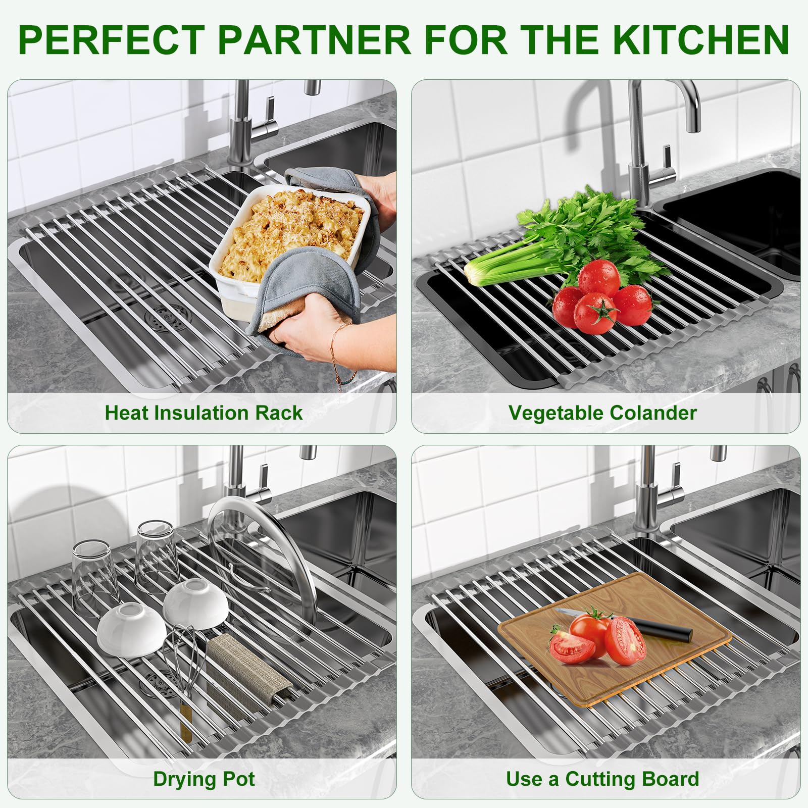 Sindax Roll Up Dish Drying Rack, 23ββx13'' Stretchable Stainless Steel Over The Sink Dish Rack Multifunctional Foldable Over Sink Rack with Utensil Holder for Kitchen