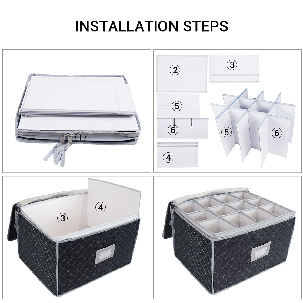 VERONLY 2 Pack Stemware Storage Box China Storage Case - Holds 24 Wine Glasses or Crystal Glassware Containers with Lable Window,Fully-Padded Inside with Hard Sides(15.5" x 12.5"x 10")