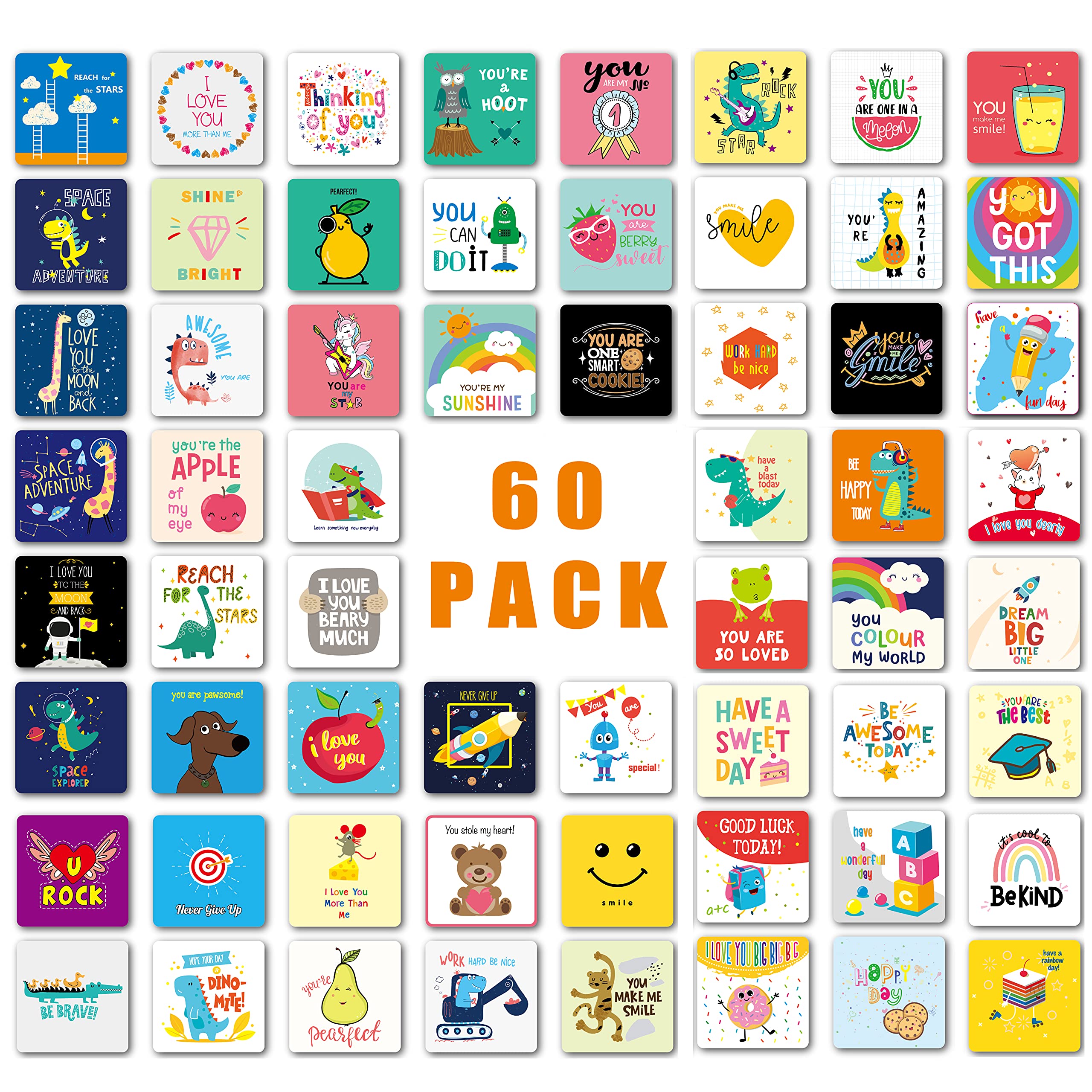 Lunch Box Notes for Kids, 60 Cute Design Positive Affirmation Lunch Box Cards for Kindergarten Kids - Inspirational & Motivational Love Notes for Lunchbox for Boys Girls( With Blank Space)
