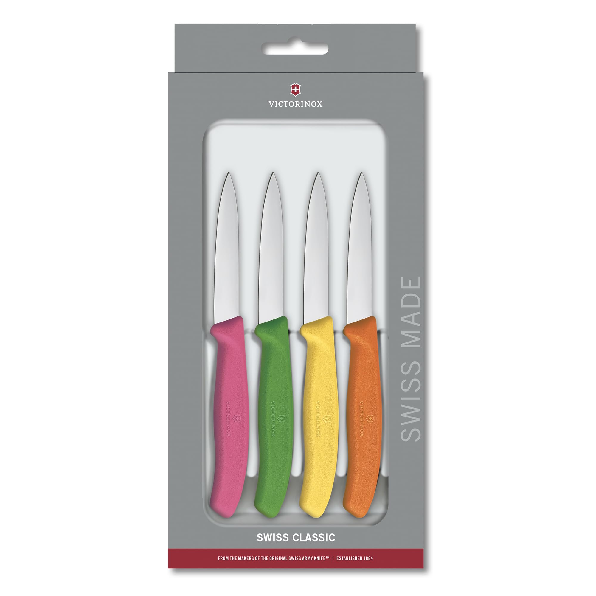 Victorinox 4-Piece Set of 3.25 Inch Swiss Classic Paring Knives with Straight Edge, Spear Point, 3.25", Pink/Green/Yellow/Orange