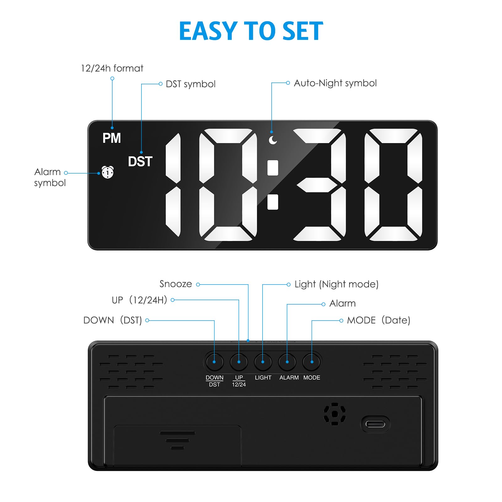 Digital Alarm Clock, [Upgraded Version] LED Clock for Bedroom, Electronic Desktop Clock with Temperature Display, Adjustable Brightness, Voice Control, 12/24H Display for Home, Bedroom, Office