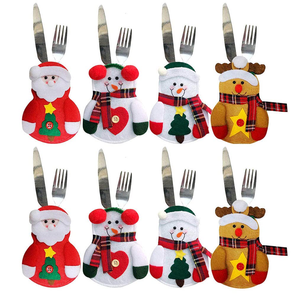 MOKYYDS 8PCS Set Christmas Snowman Cutlery Silverware Holders Pockets Knifes Forks Bag Santa Suit Xmas Deer Hotel Party Dinner Table Decoration