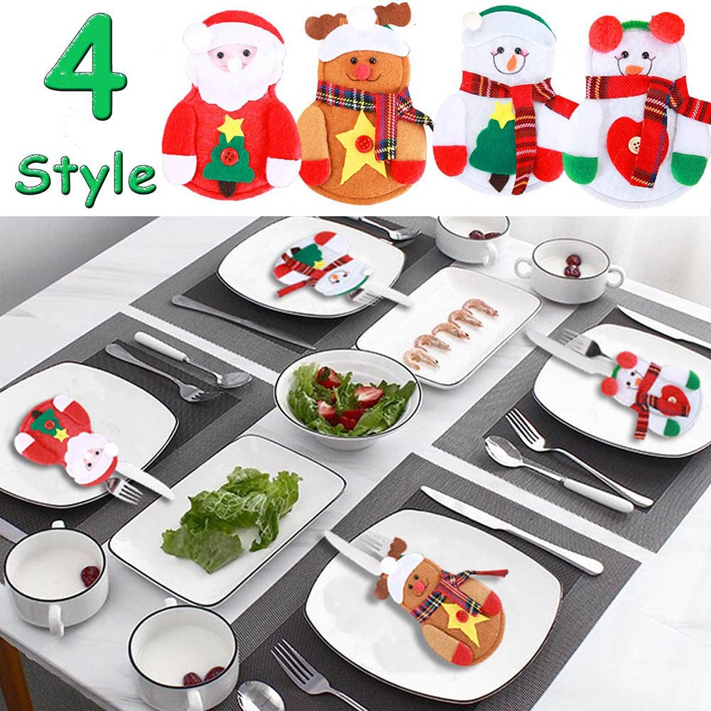 MOKYYDS 8PCS Set Christmas Snowman Cutlery Silverware Holders Pockets Knifes Forks Bag Santa Suit Xmas Deer Hotel Party Dinner Table Decoration