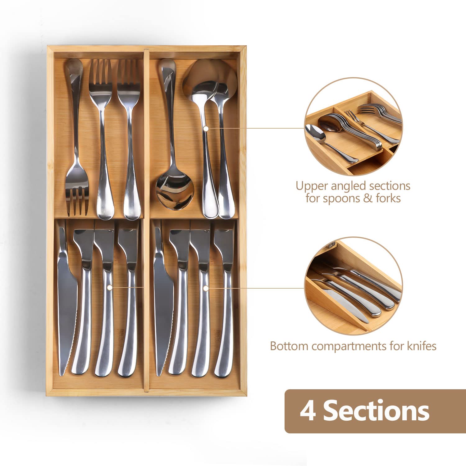 JSVER Kitchen Drawer Organizer Bamboo Drawer Organizer for Utensils Holder, Wood Drawer Dividers Organizer For Silverware, Flatware, Knives in Kitchen