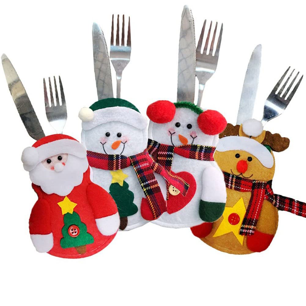 MOKYYDS 8PCS Set Christmas Snowman Cutlery Silverware Holders Pockets Knifes Forks Bag Santa Suit Xmas Deer Hotel Party Dinner Table Decoration