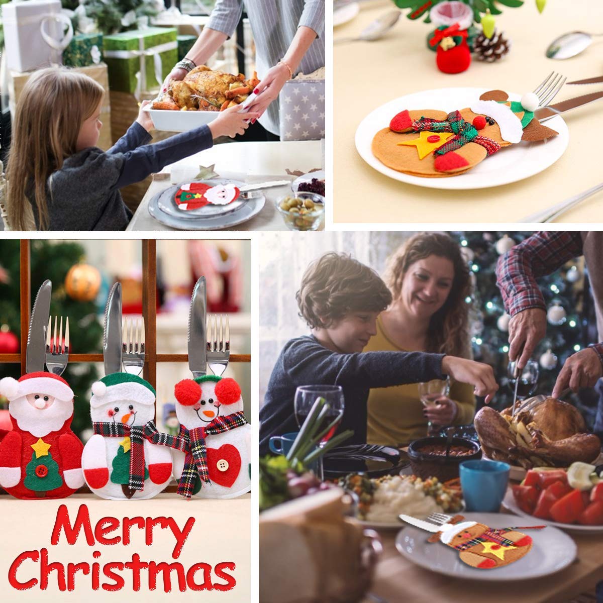 MOKYYDS 8PCS Set Christmas Snowman Cutlery Silverware Holders Pockets Knifes Forks Bag Santa Suit Xmas Deer Hotel Party Dinner Table Decoration
