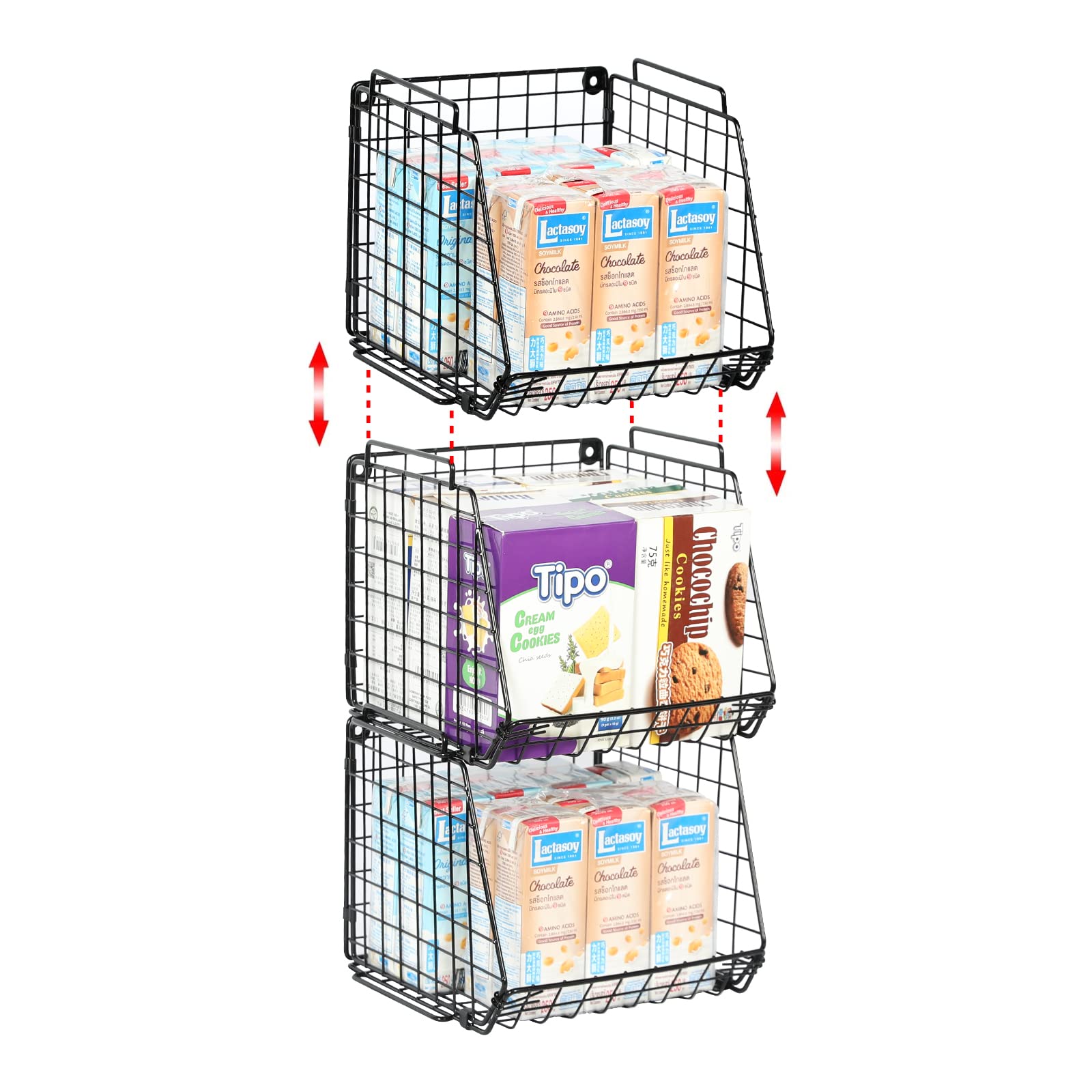 X-cosrack Stackable Pantry Baskets Household Food Storage Organizer with Handles 3 Pack, Foldable Snack Rack Stand with Open Front Stacking Farmhouse Bins for Countertop Cabinets Kitchen