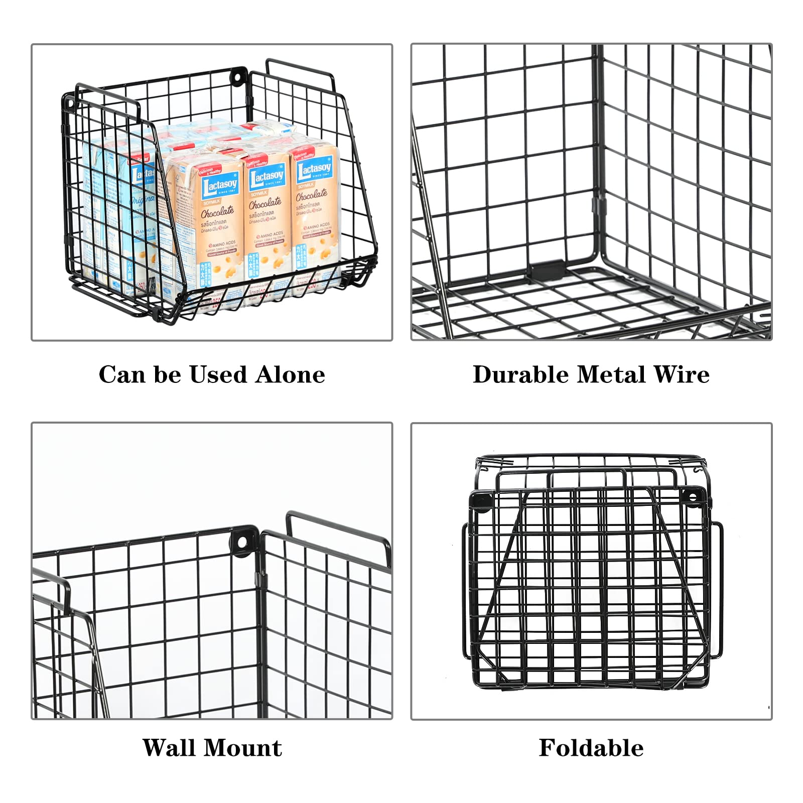 X-cosrack Stackable Pantry Baskets Household Food Storage Organizer with Handles 3 Pack, Foldable Snack Rack Stand with Open Front Stacking Farmhouse Bins for Countertop Cabinets Kitchen
