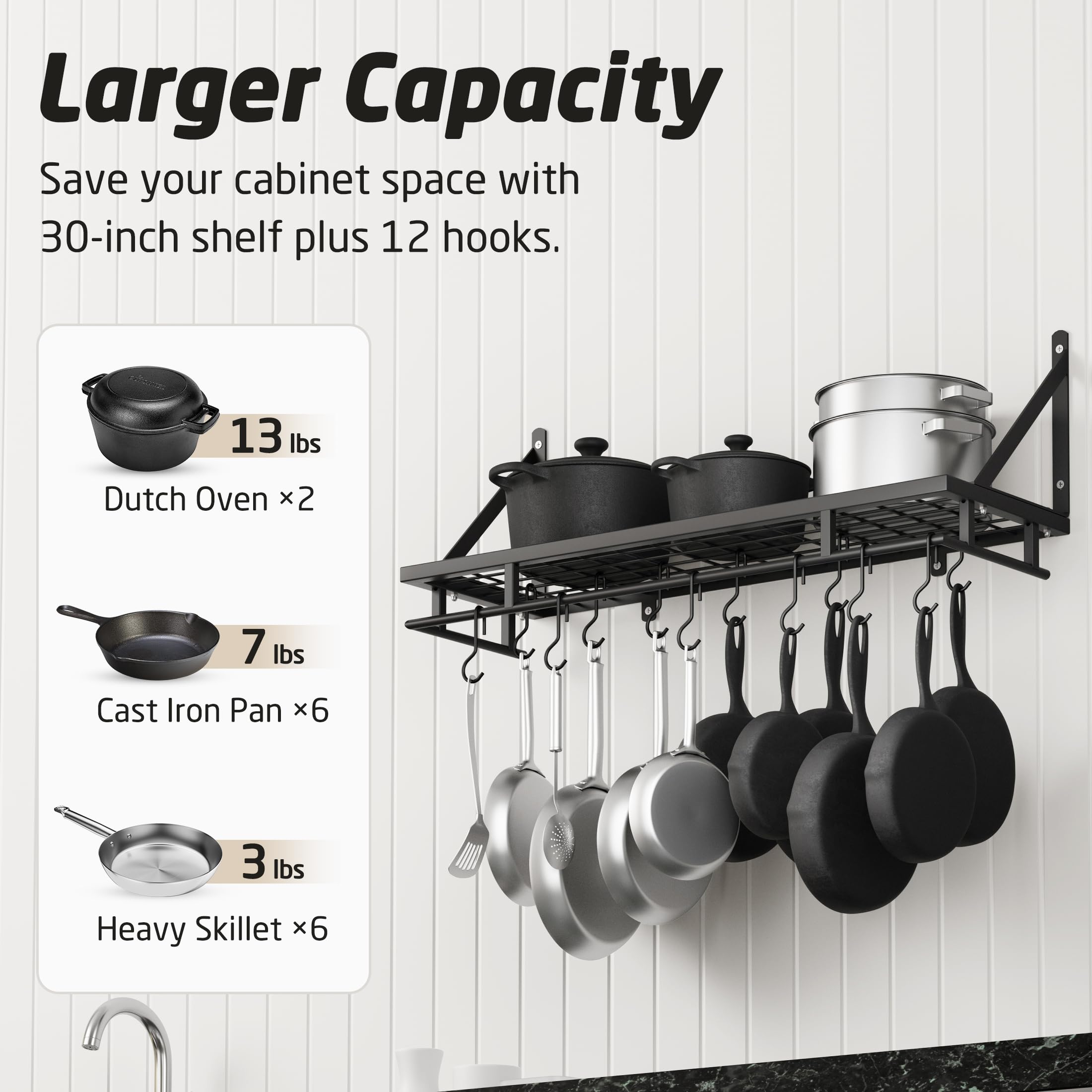 KES 30-Inch Kitchen Pan Pot Rack Wall Mounted Hanging Storage Organizer Wall Shelf with Hooks Matte Black, KUR215S75A-BK