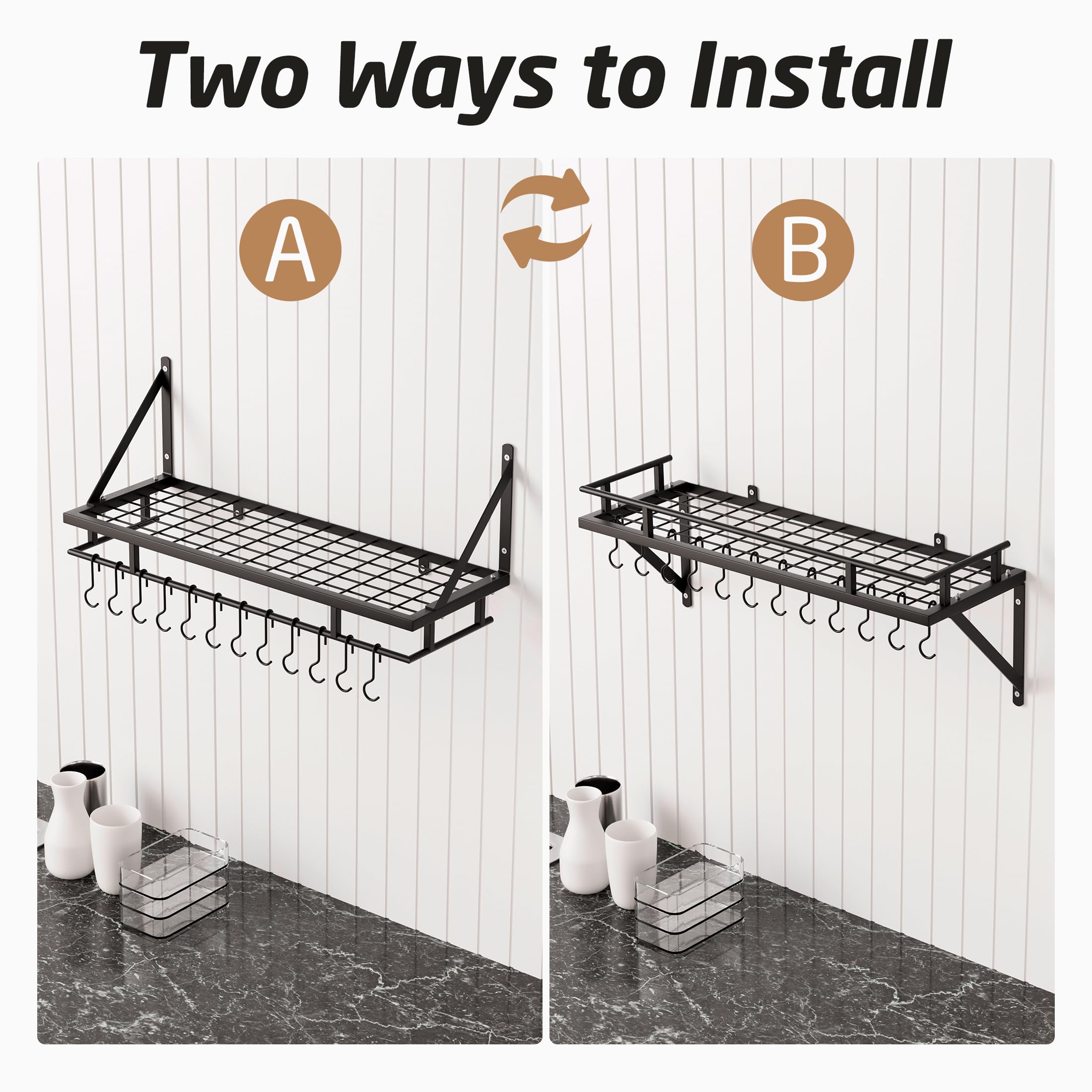 KES 30-Inch Kitchen Pan Pot Rack Wall Mounted Hanging Storage Organizer Wall Shelf with Hooks Matte Black, KUR215S75A-BK