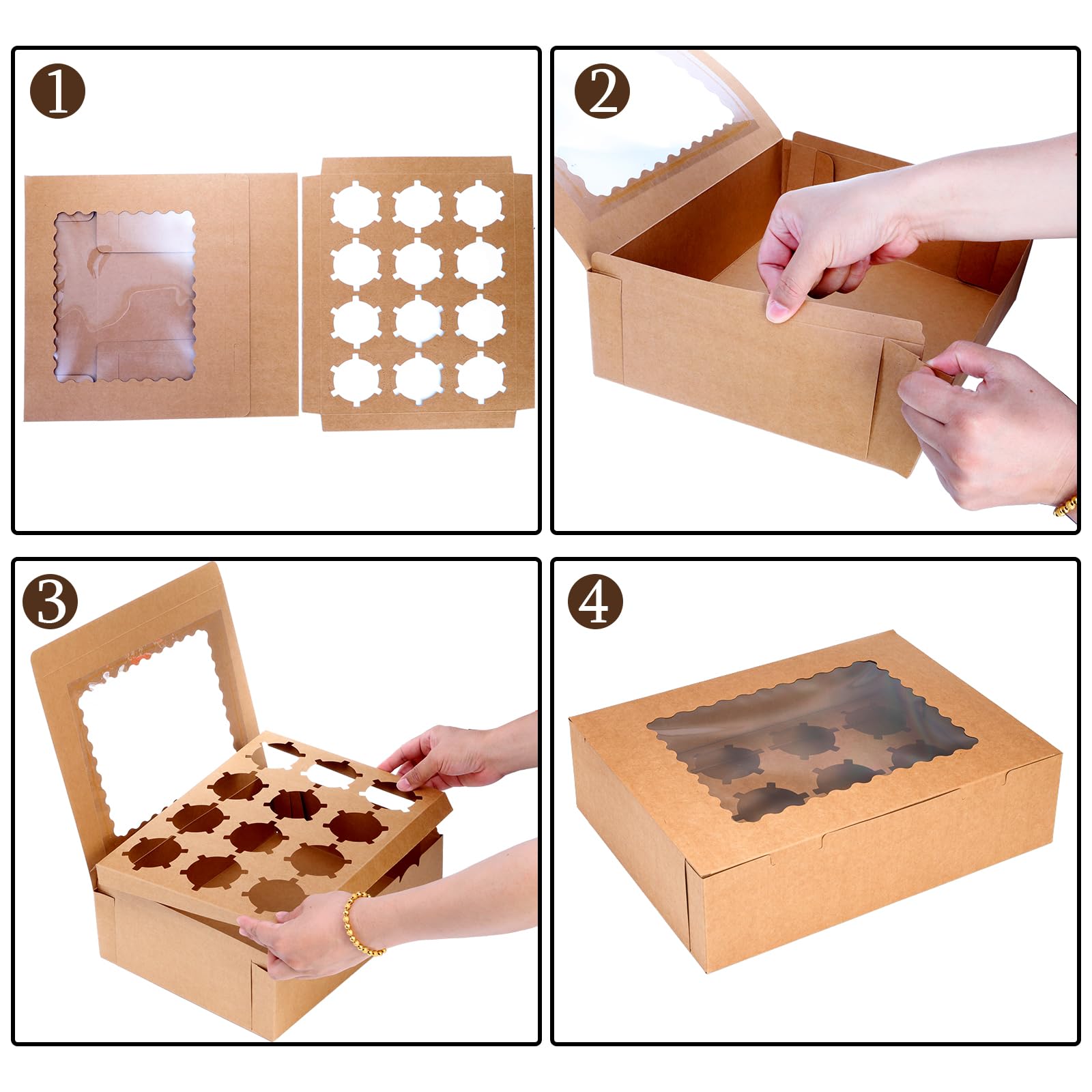 Jucoan 20 Pack Kraft Cupcake Boxes Containers with Clear Display Window, Brown Cake Trays Holder for Cookies, Muffins Pastries, Holding 12 Standard Cupcakes for Valentines Day Party