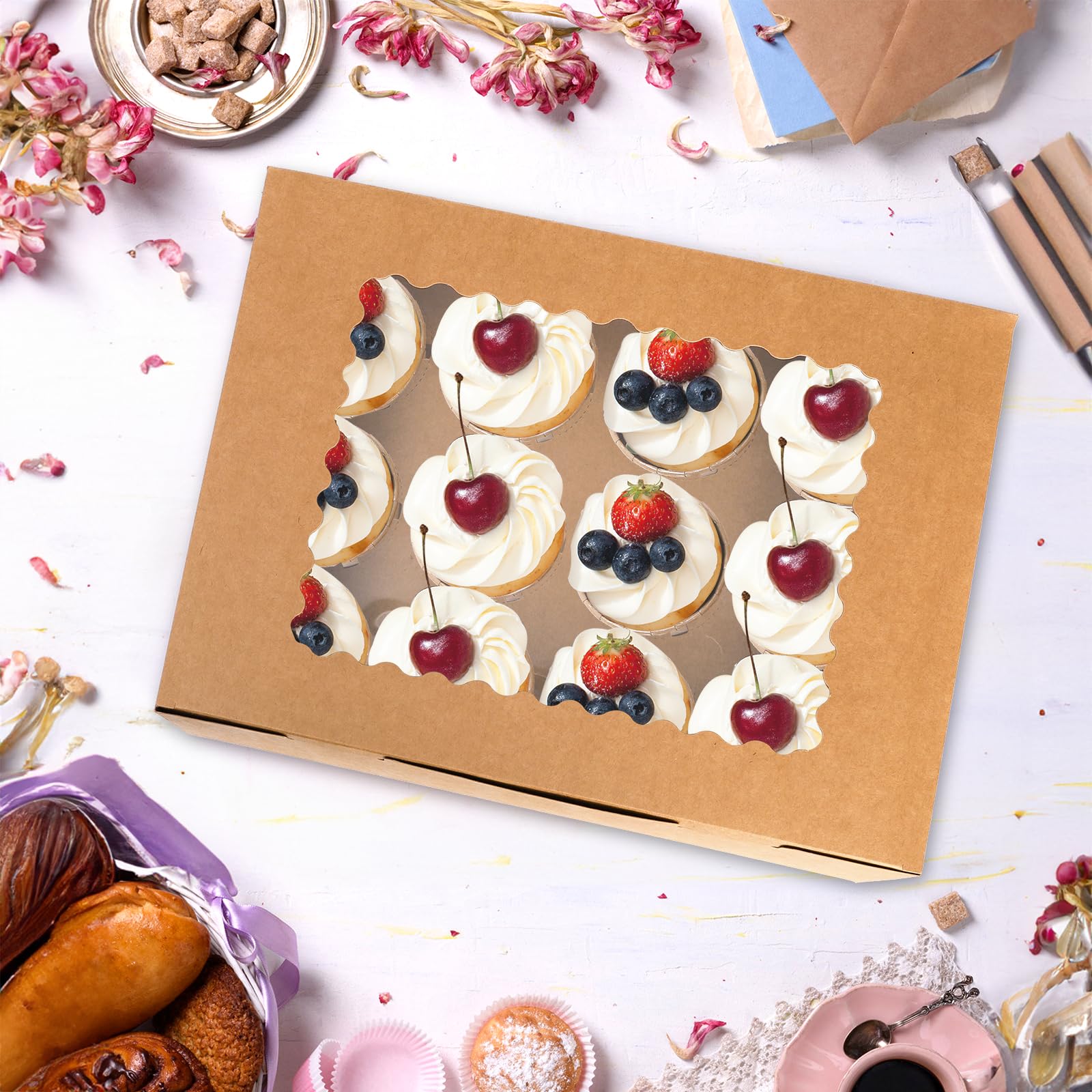 Jucoan 20 Pack Kraft Cupcake Boxes Containers with Clear Display Window, Brown Cake Trays Holder for Cookies, Muffins Pastries, Holding 12 Standard Cupcakes for Valentines Day Party