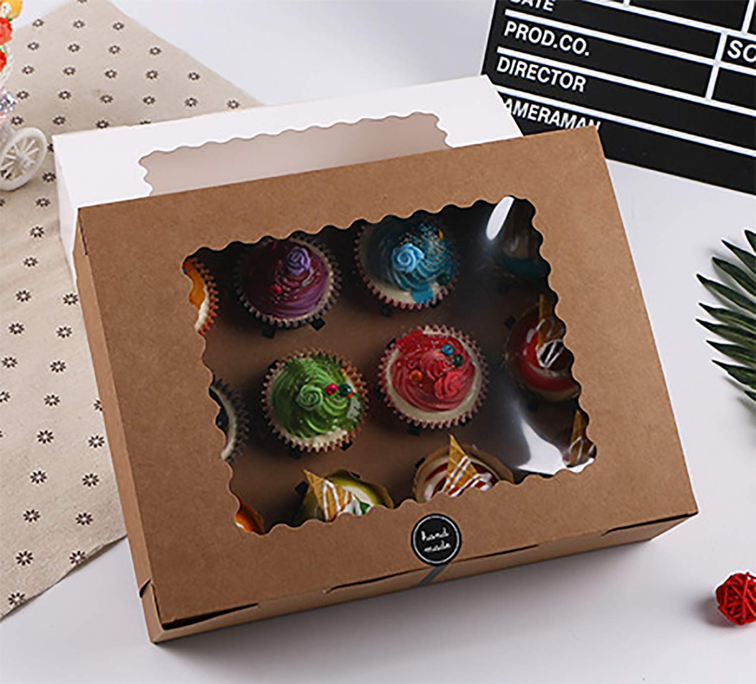 Jucoan 20 Pack Kraft Cupcake Boxes Containers with Clear Display Window, Brown Cake Trays Holder for Cookies, Muffins Pastries, Holding 12 Standard Cupcakes for Valentines Day Party