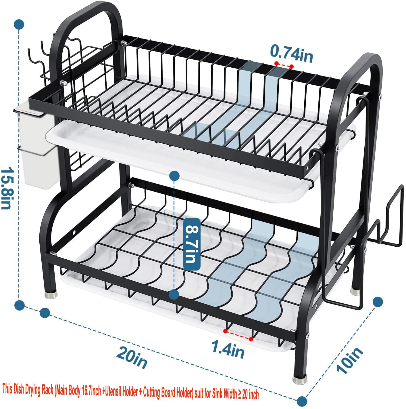 Dish Drying Rack (16.7"), Kitchen Organization Storage Shelf Stainless Steel Dish Drainer Rust-poof Dish Racks for Organizer Home Kitchen Counter with Drainboard, Utensil Holder, Cutting Board Holder