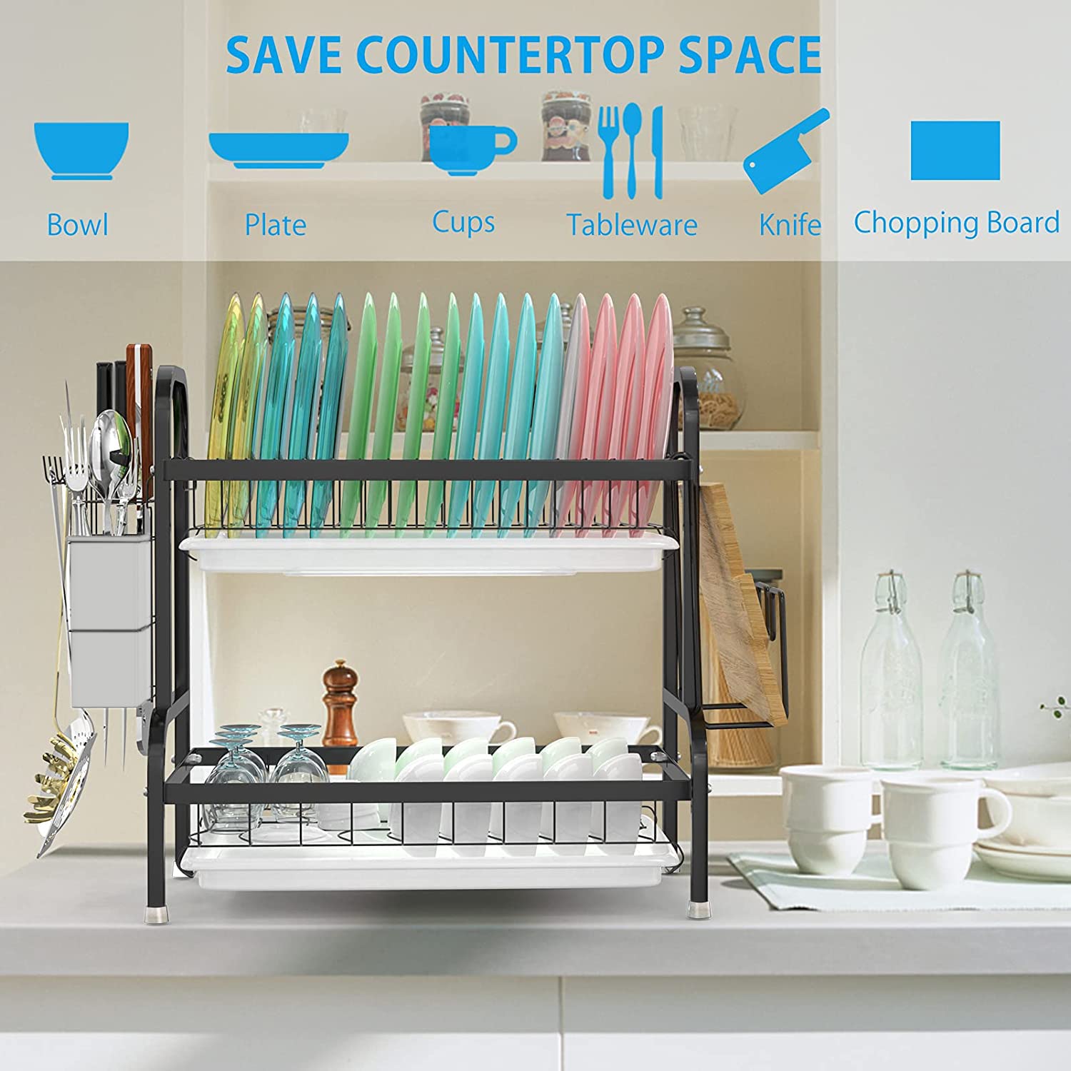 Dish Drying Rack (16.7"), Kitchen Organization Storage Shelf Stainless Steel Dish Drainer Rust-poof Dish Racks for Organizer Home Kitchen Counter with Drainboard, Utensil Holder, Cutting Board Holder
