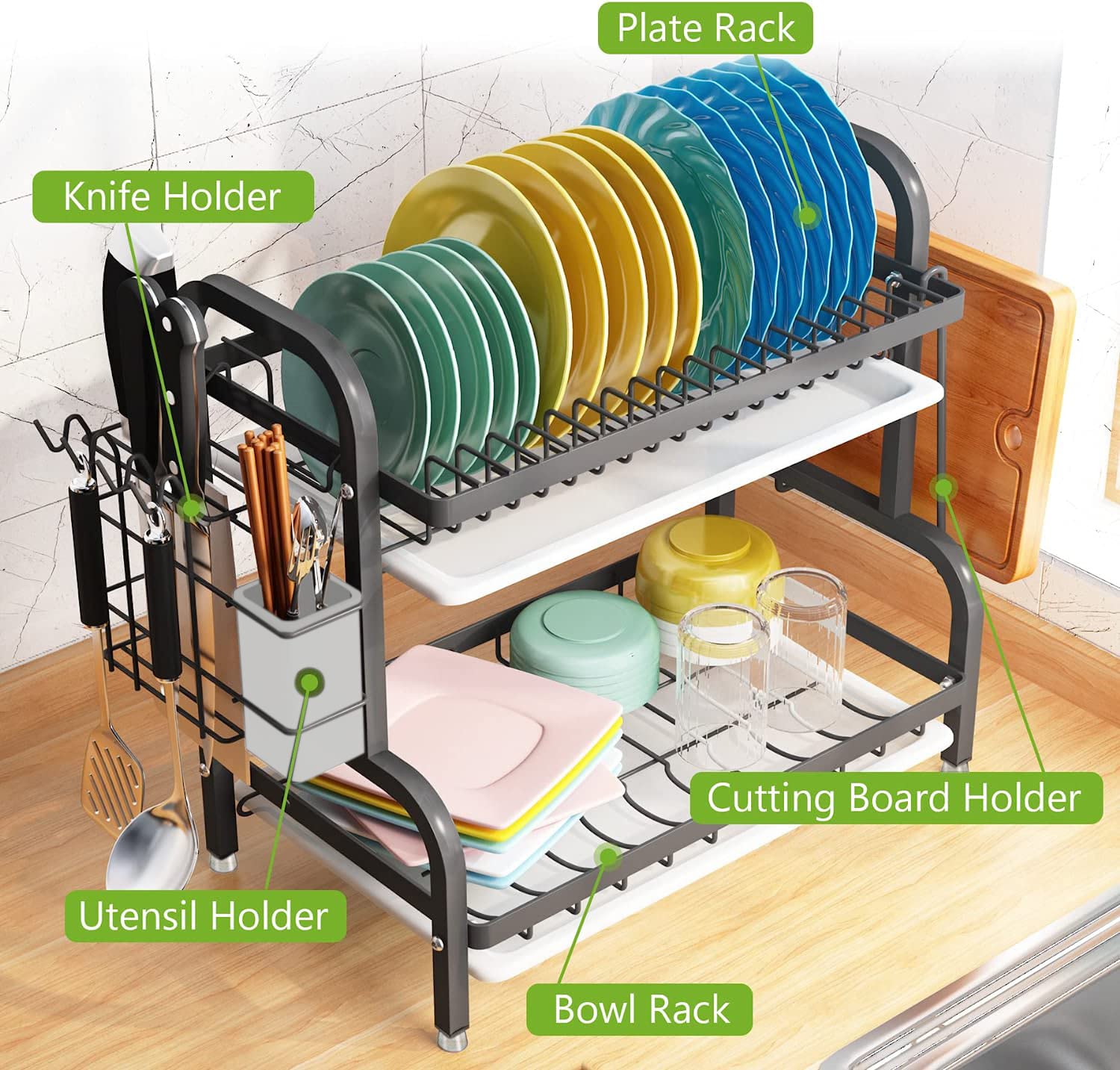 Dish Drying Rack (16.7"), Kitchen Organization Storage Shelf Stainless Steel Dish Drainer Rust-poof Dish Racks for Organizer Home Kitchen Counter with Drainboard, Utensil Holder, Cutting Board Holder