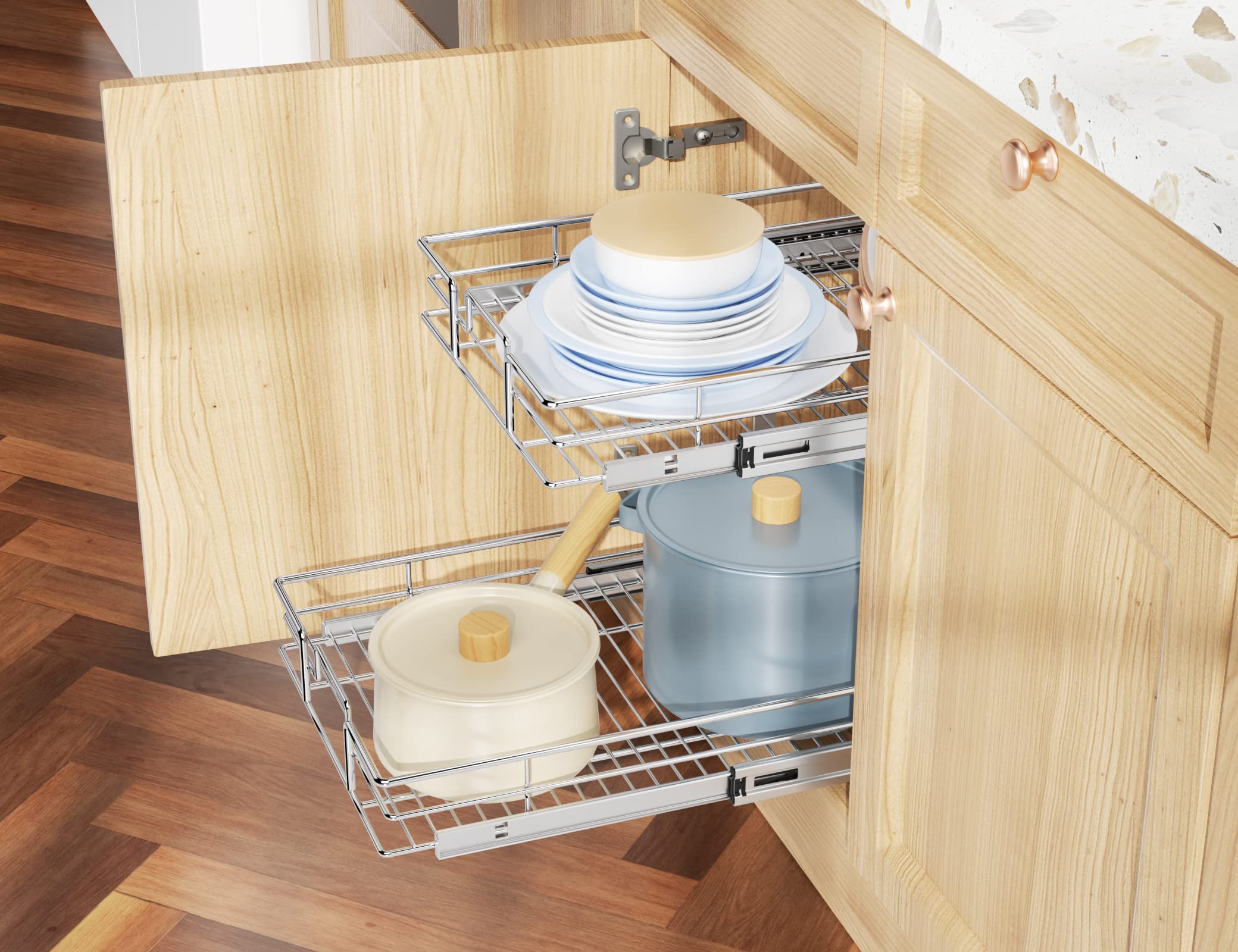 LOVMOR Individual Pull Out Cabinet Organizer, 2 Tier Cabinet Drawers Slide Out, Pots and Pans Organizer and Storage Pantry Shelf for Kitchen (17" W x 21" D)