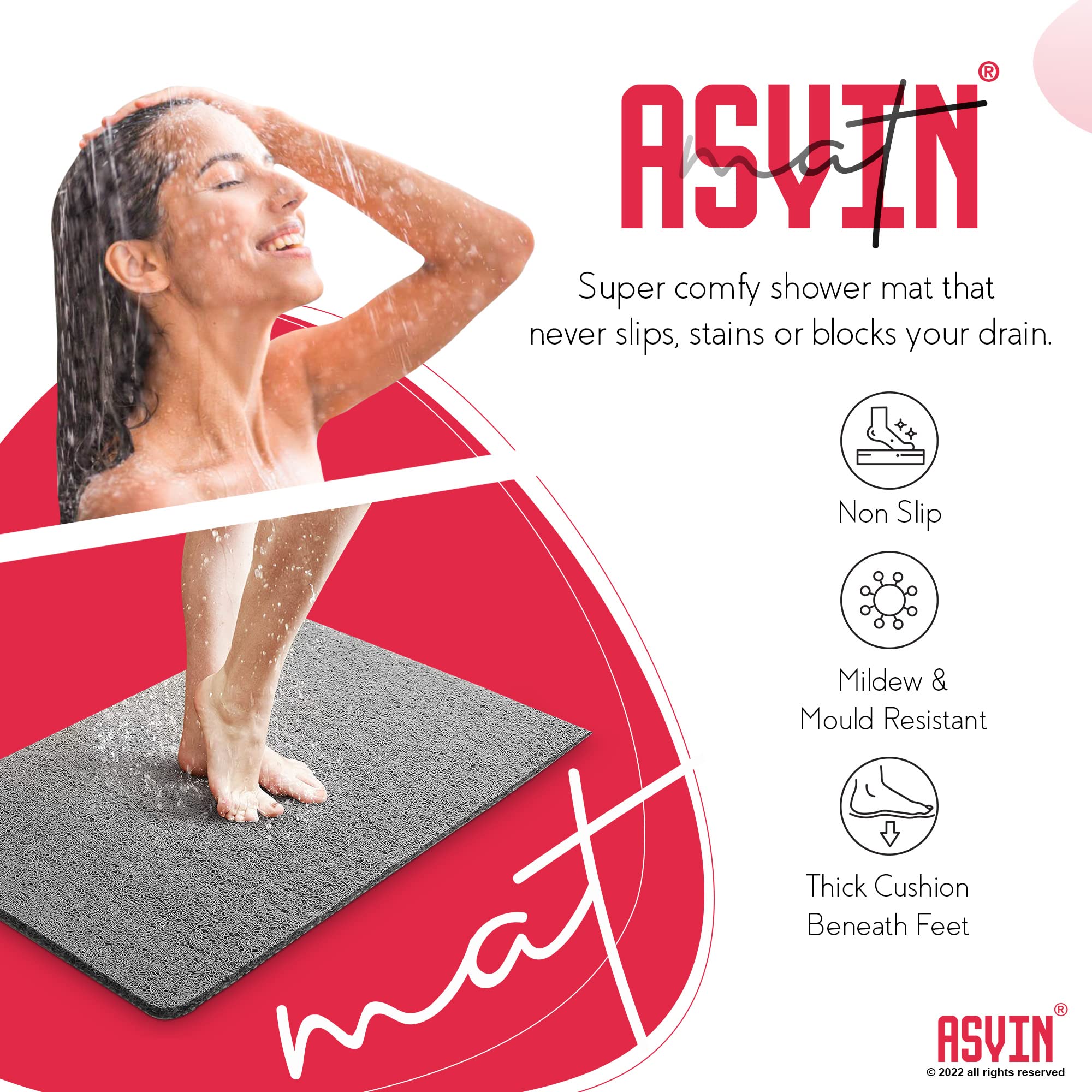 Asvin Soft Textured Bath, Shower, Tub Mat, 24x16 Inch, Phthalate Free, Non Slip Comfort Bathtub Mats with Drain, PVC Loofah Bathroom Mats for Wet Areas, Quick Drying