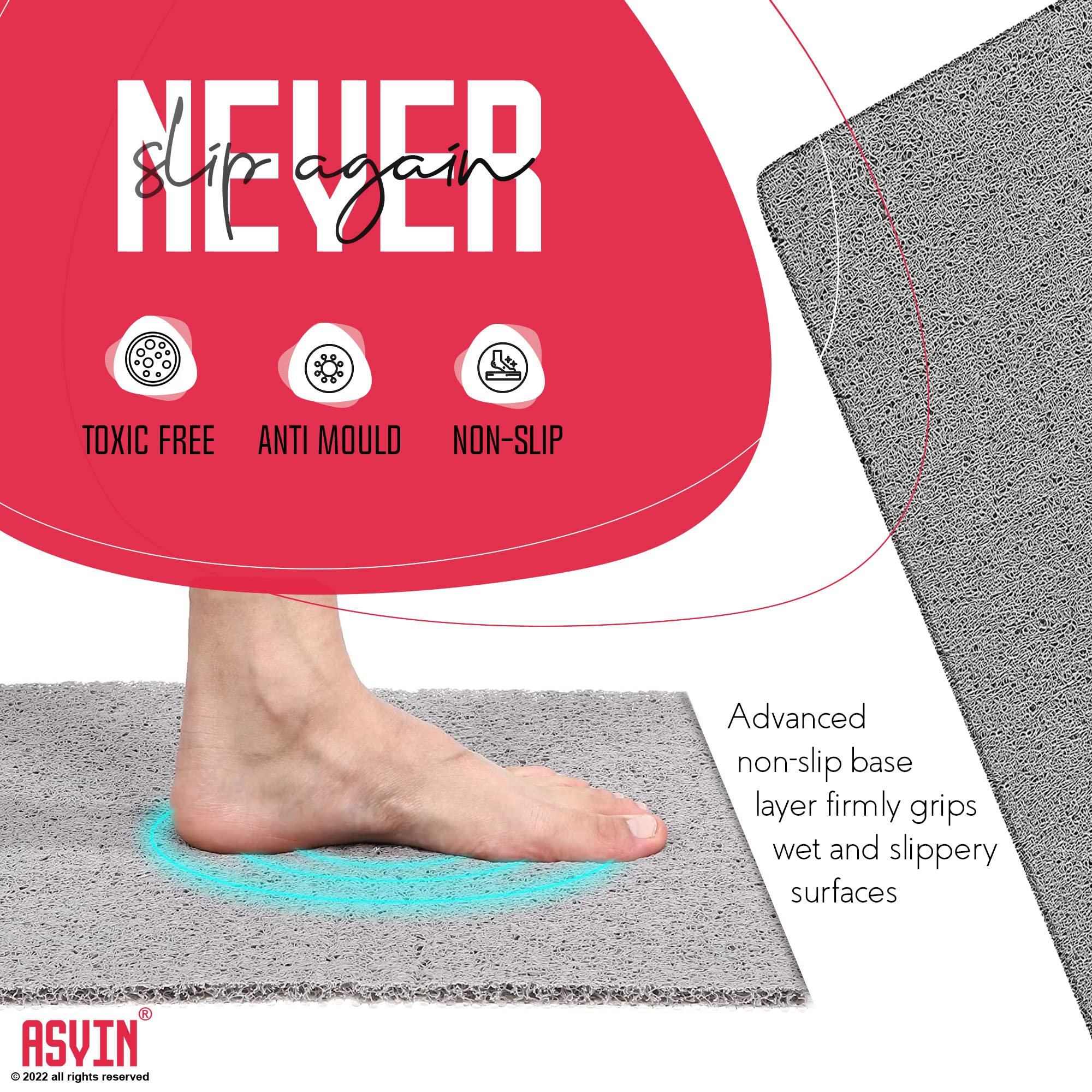 Asvin Soft Textured Bath, Shower, Tub Mat, 24x16 Inch, Phthalate Free, Non Slip Comfort Bathtub Mats with Drain, PVC Loofah Bathroom Mats for Wet Areas, Quick Drying