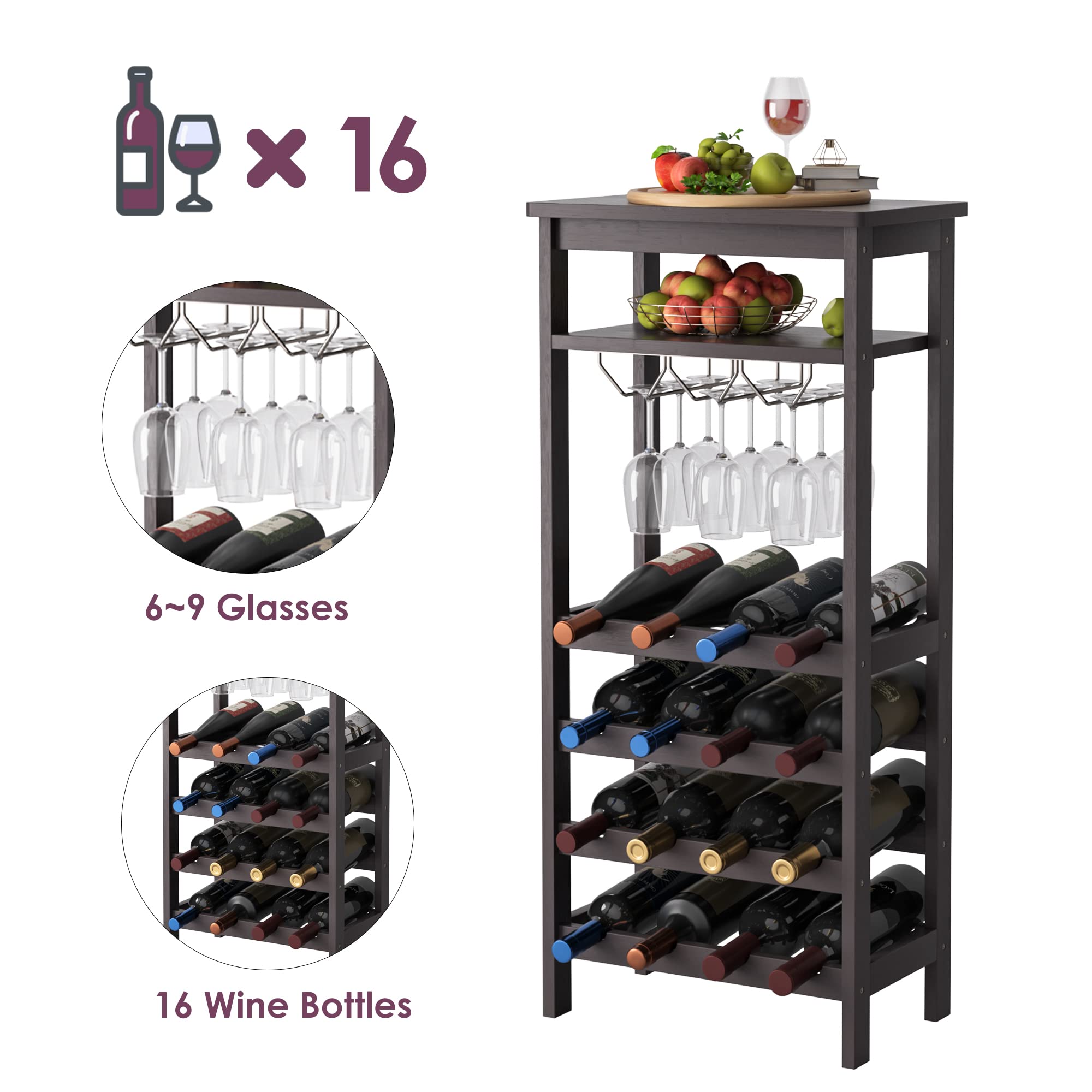 FOTOSOK Bamboo Floor Wine Rack, Freestanding Wine Bottle Organizer Shelves with Glass Holder Rack,16 Bottles, Wobble-Free Wine Display Storage Stand with Table Top for Kitchen Dining Room, Espresso
