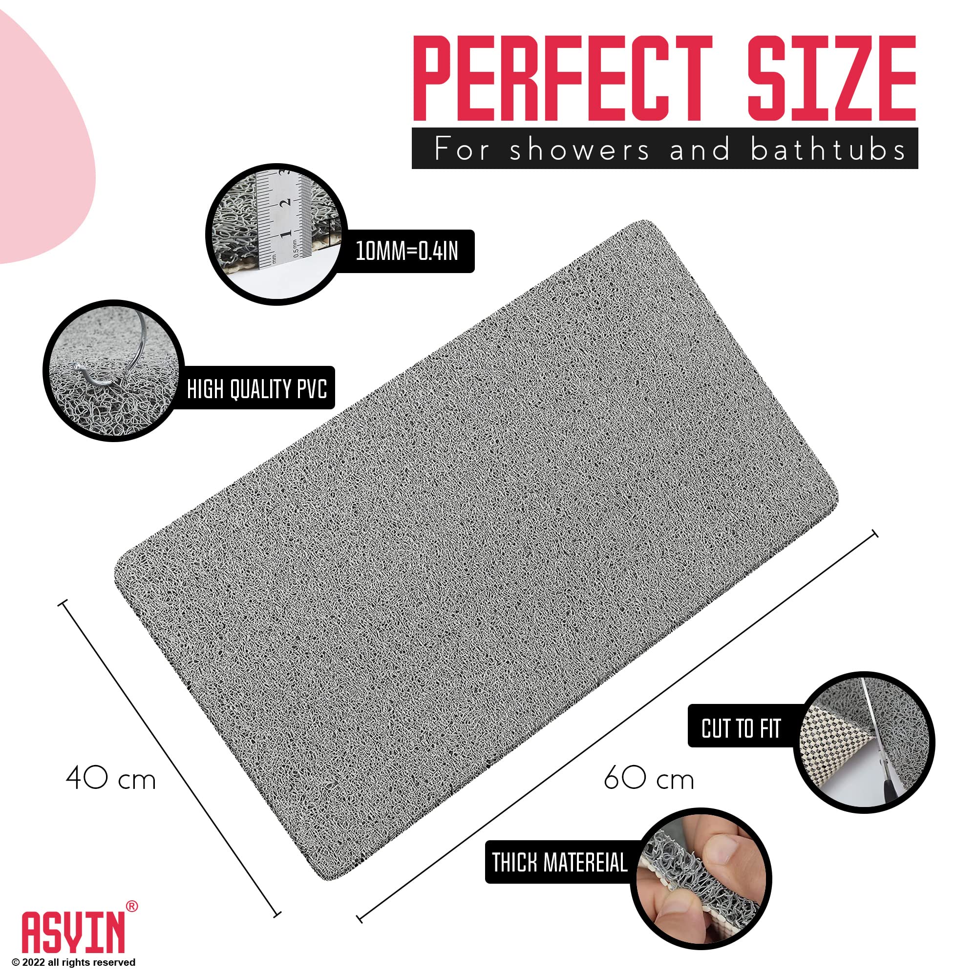 Asvin Soft Textured Bath, Shower, Tub Mat, 24x16 Inch, Phthalate Free, Non Slip Comfort Bathtub Mats with Drain, PVC Loofah Bathroom Mats for Wet Areas, Quick Drying