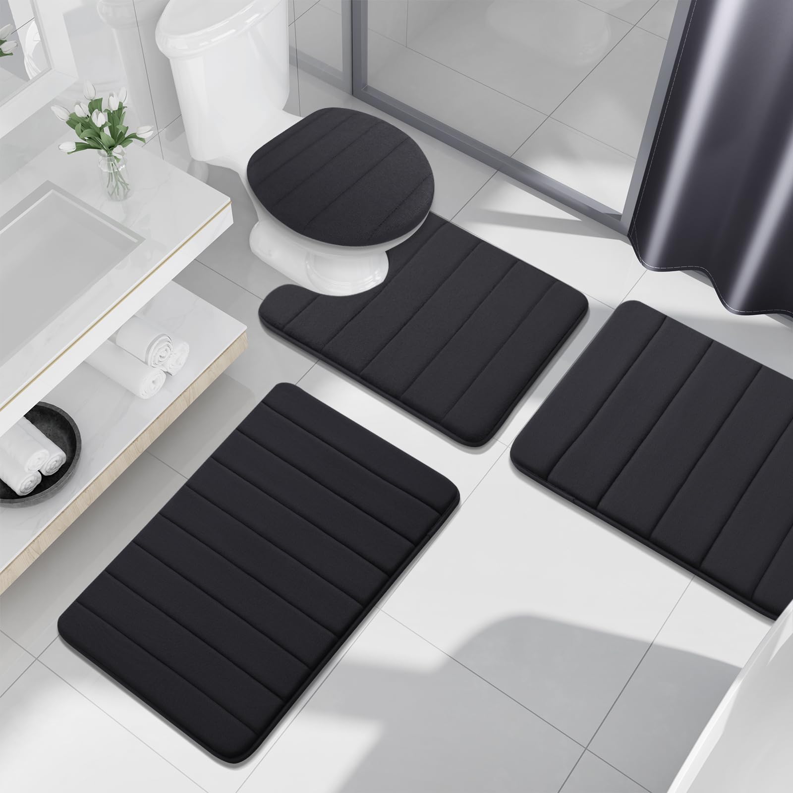 Buganda Memory Foam Soft Bath Mats - Non Slip Absorbent Bathroom Rugs Rubber Back Runner Mat for Kitchen Bathroom Floors 17" x 24", Black