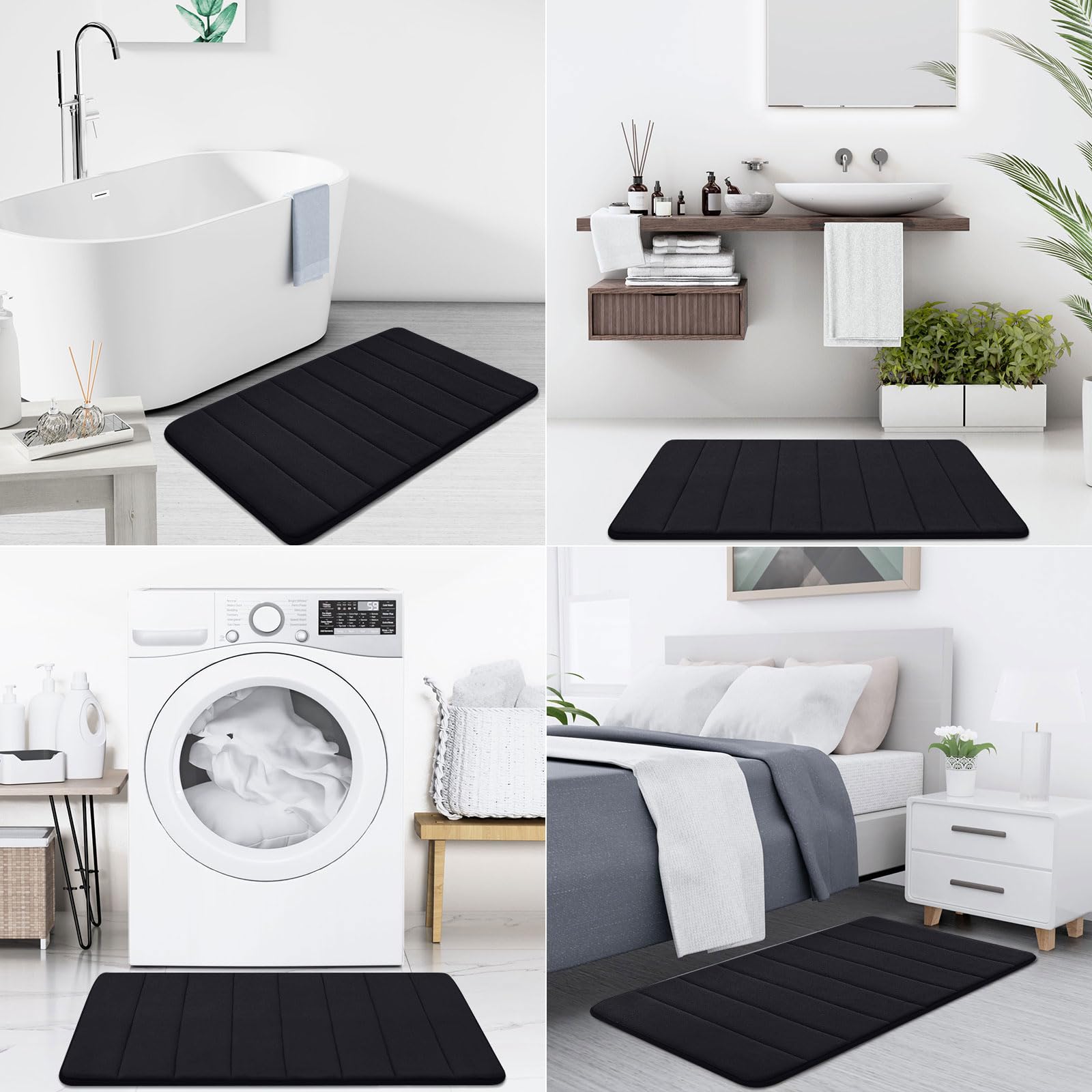 Buganda Memory Foam Soft Bath Mats - Non Slip Absorbent Bathroom Rugs Rubber Back Runner Mat for Kitchen Bathroom Floors 17" x 24", Black