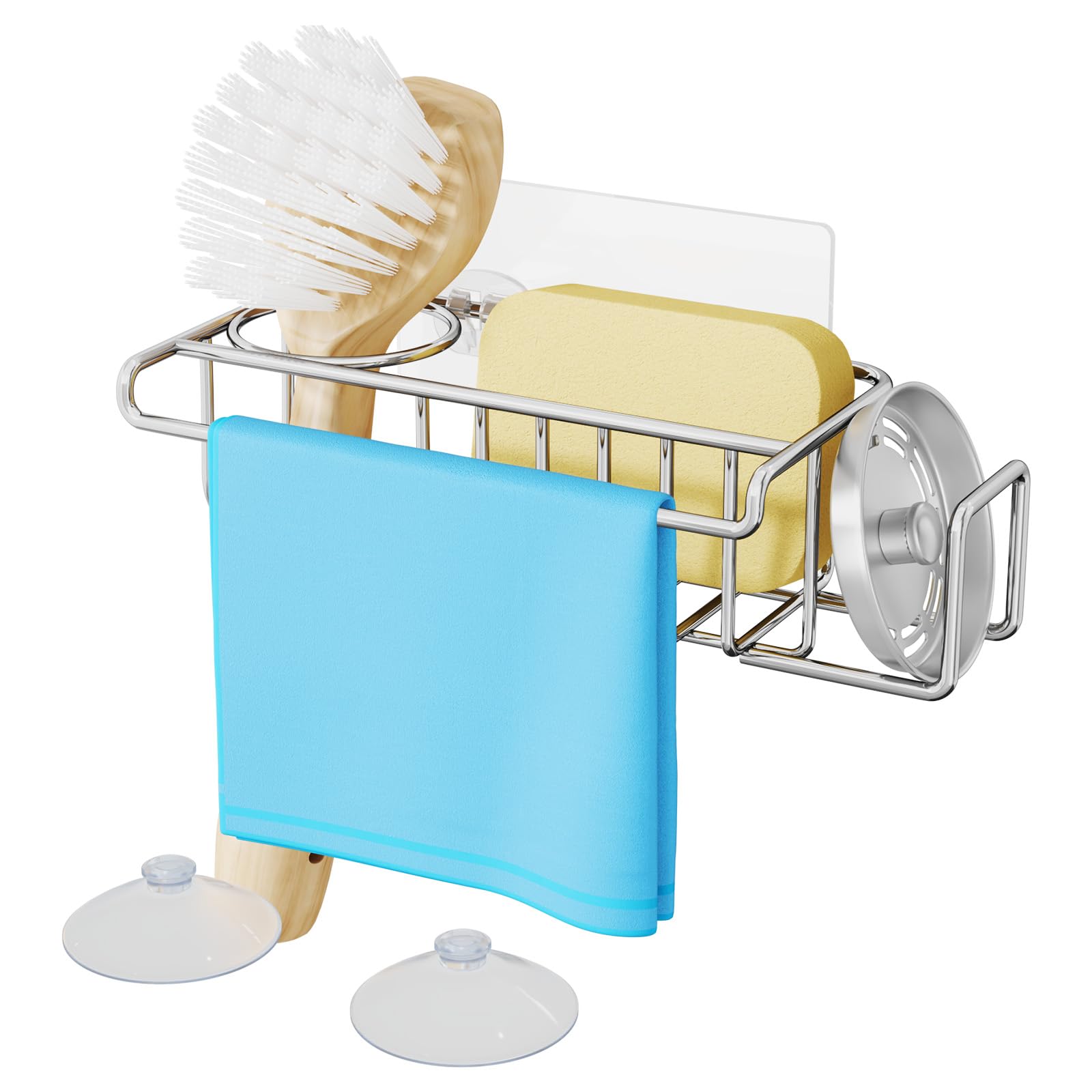 HapiRm 4 in 1 Adhesive Sink Caddy Sponge Holder, SUS304 Stainless Steel Sink Basket Brush Holder + Dish Cloth Hanger + Soap Rack + Sink Stopper Holder with 2 Installation Ways - Silver