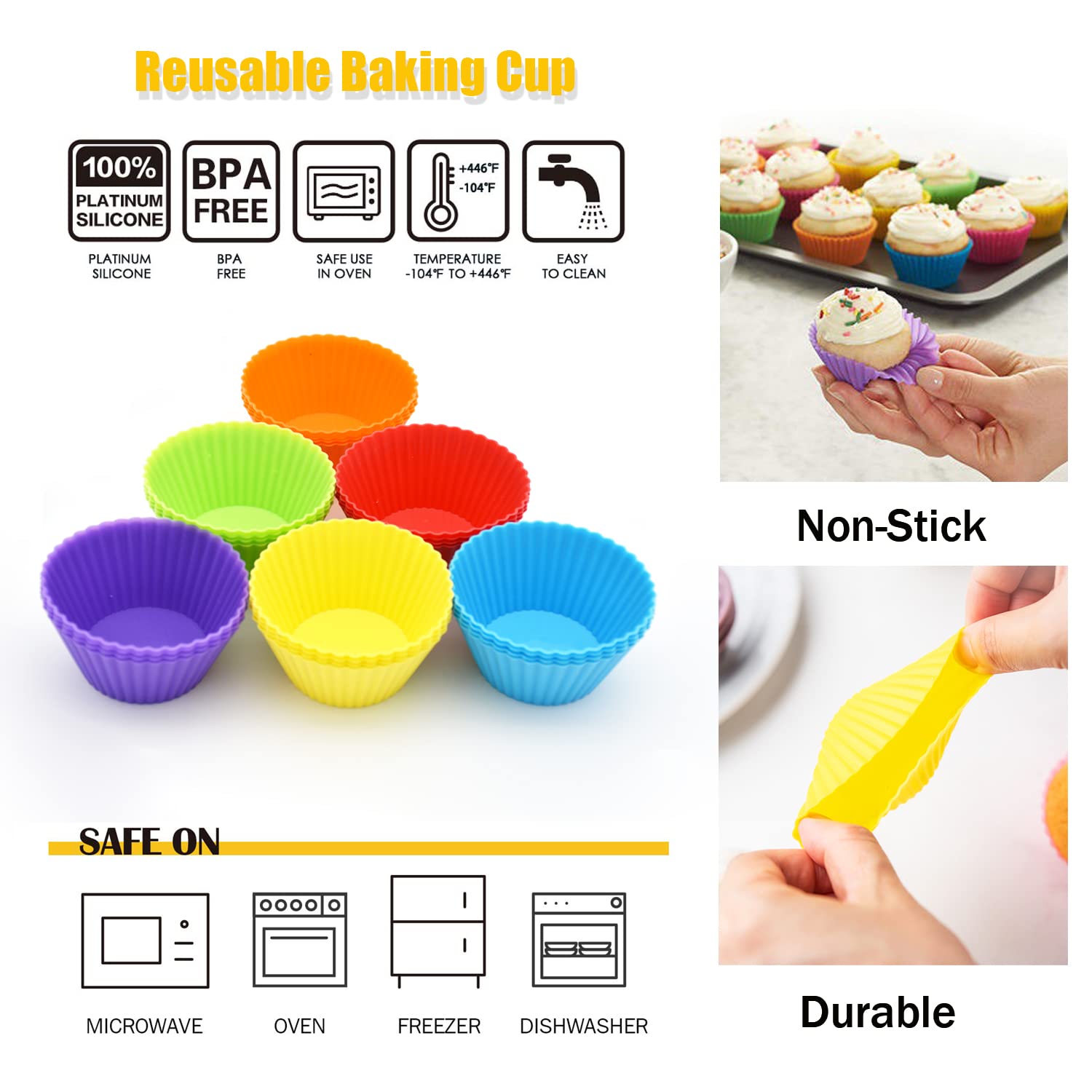 Silicone Cupcake Baking Cups 24 Pack, Reusable & Non-stick Muffin Cupcake Liners Holders Set for Party Halloween Christmas, Easy Clean Pastry Muffin Molds(Pack of 24,Multicolor)