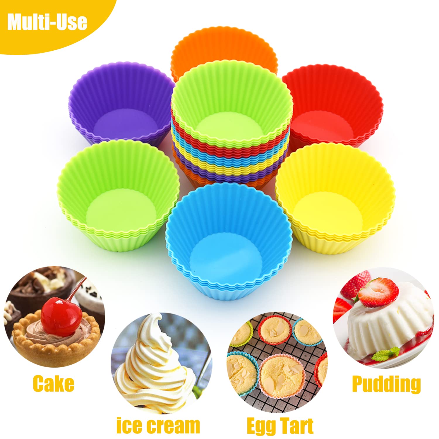 Silicone Cupcake Baking Cups 24 Pack, Reusable & Non-stick Muffin Cupcake Liners Holders Set for Party Halloween Christmas, Easy Clean Pastry Muffin Molds(Pack of 24,Multicolor)