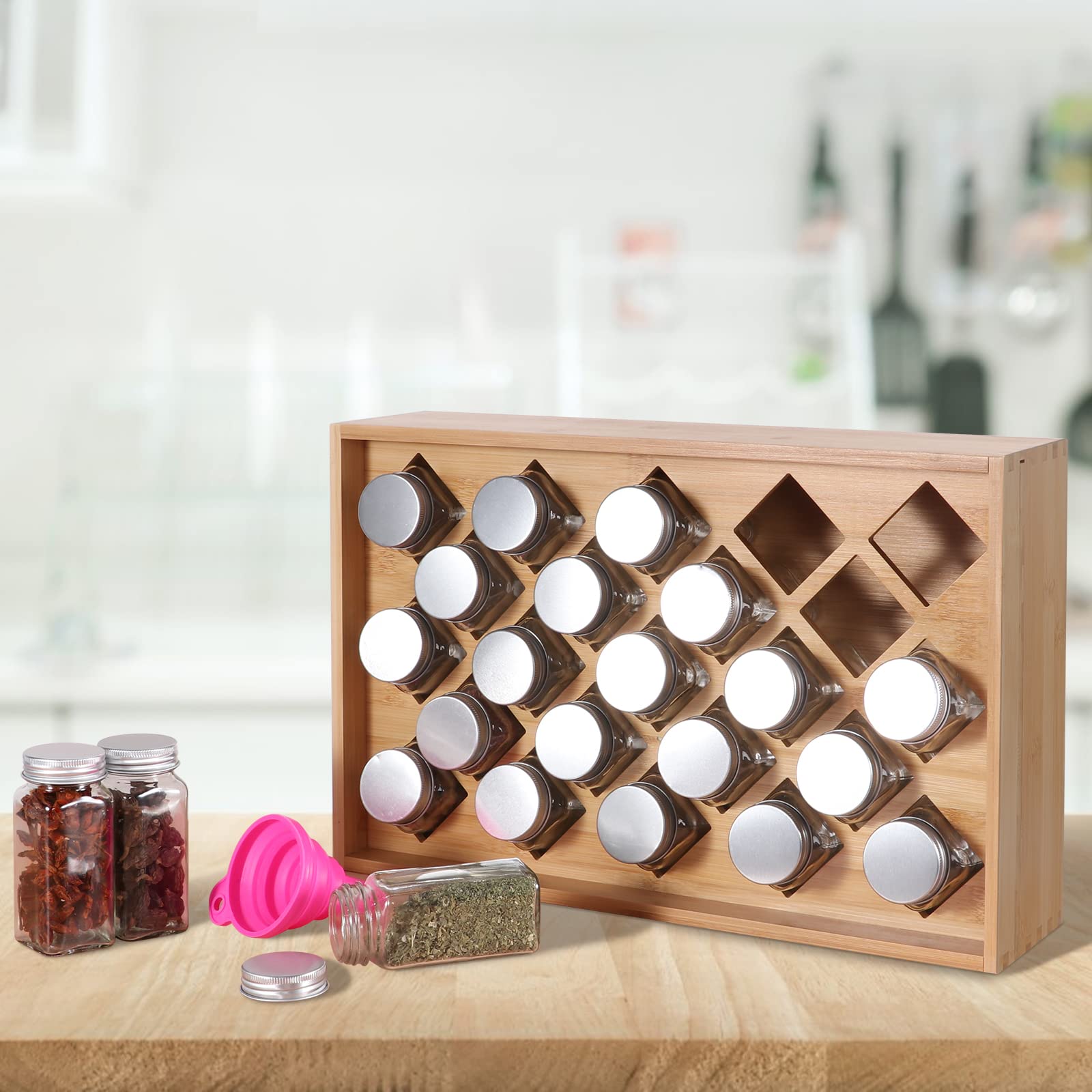 Bamboo Spice Rack Organizer,Seasoning Rack with 23 Pack 4 oz Empty Glass Spice Jars with Sliver Metal Caps. Include Pen, Brush, Funnel and 80 Labels.