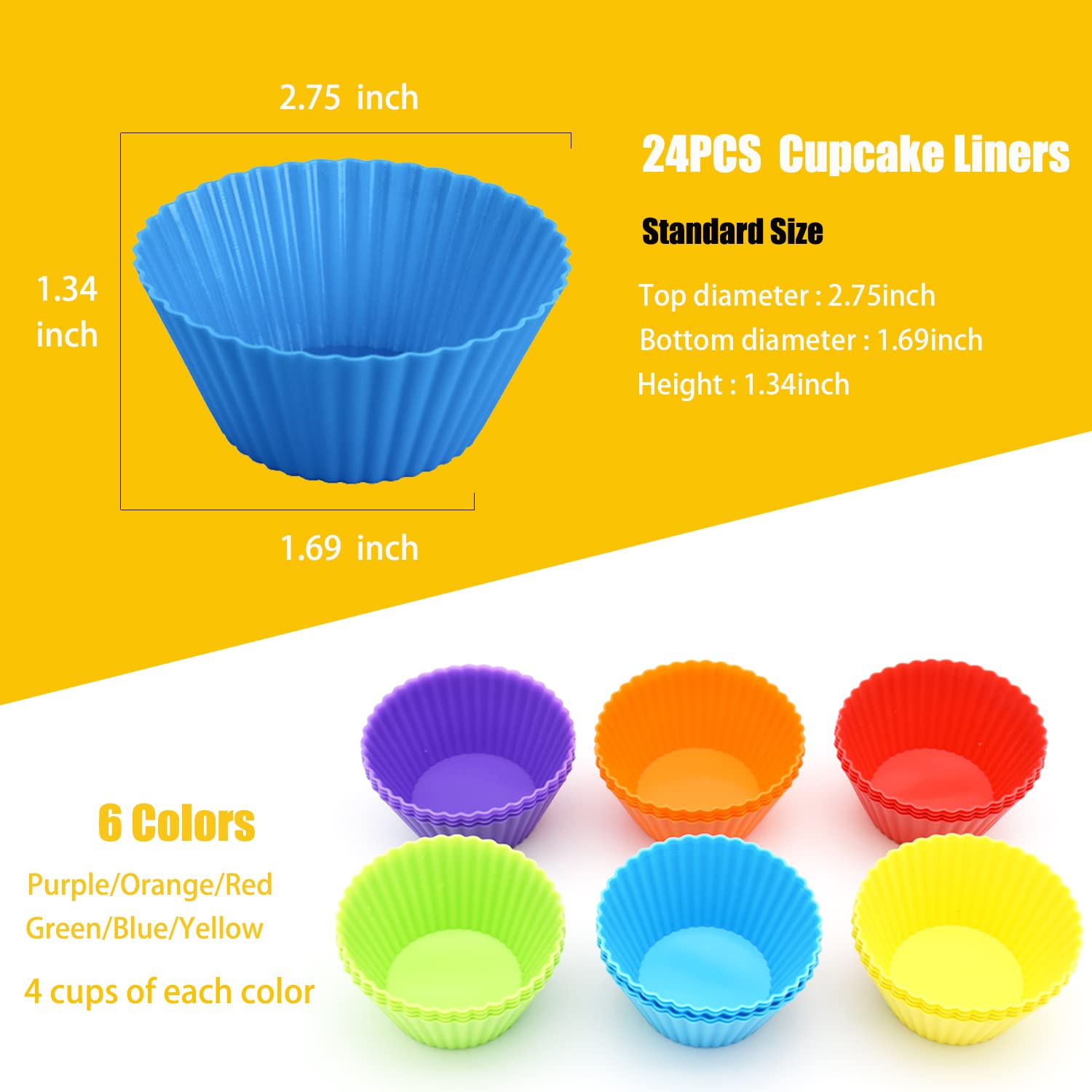 Silicone Cupcake Baking Cups 24 Pack, Reusable & Non-stick Muffin Cupcake Liners Holders Set for Party Halloween Christmas, Easy Clean Pastry Muffin Molds(Pack of 24,Multicolor)